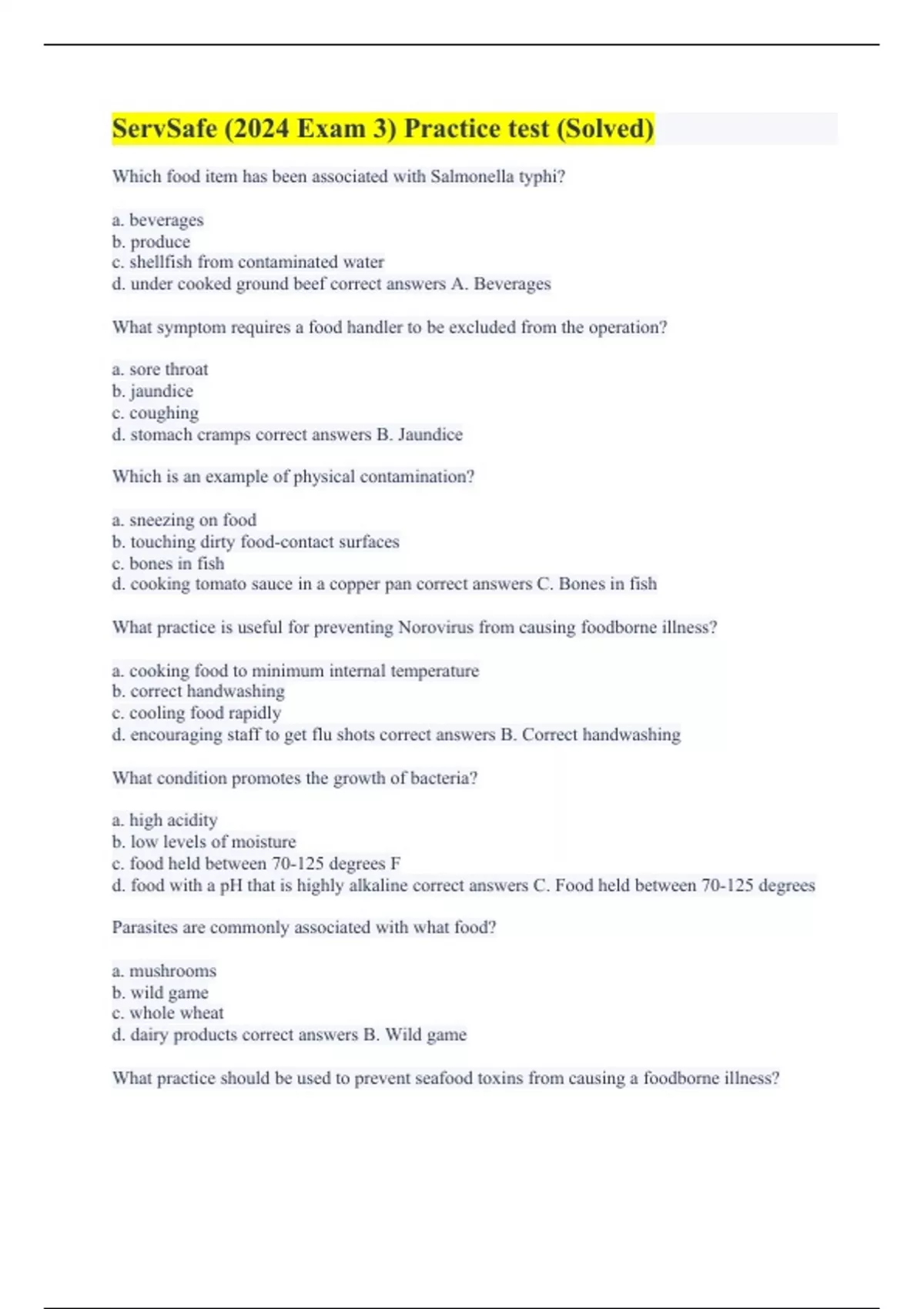 ServSafe (2024 Exam 3) Practice test (Solved) - ServSafe (2024 - Stuvia US