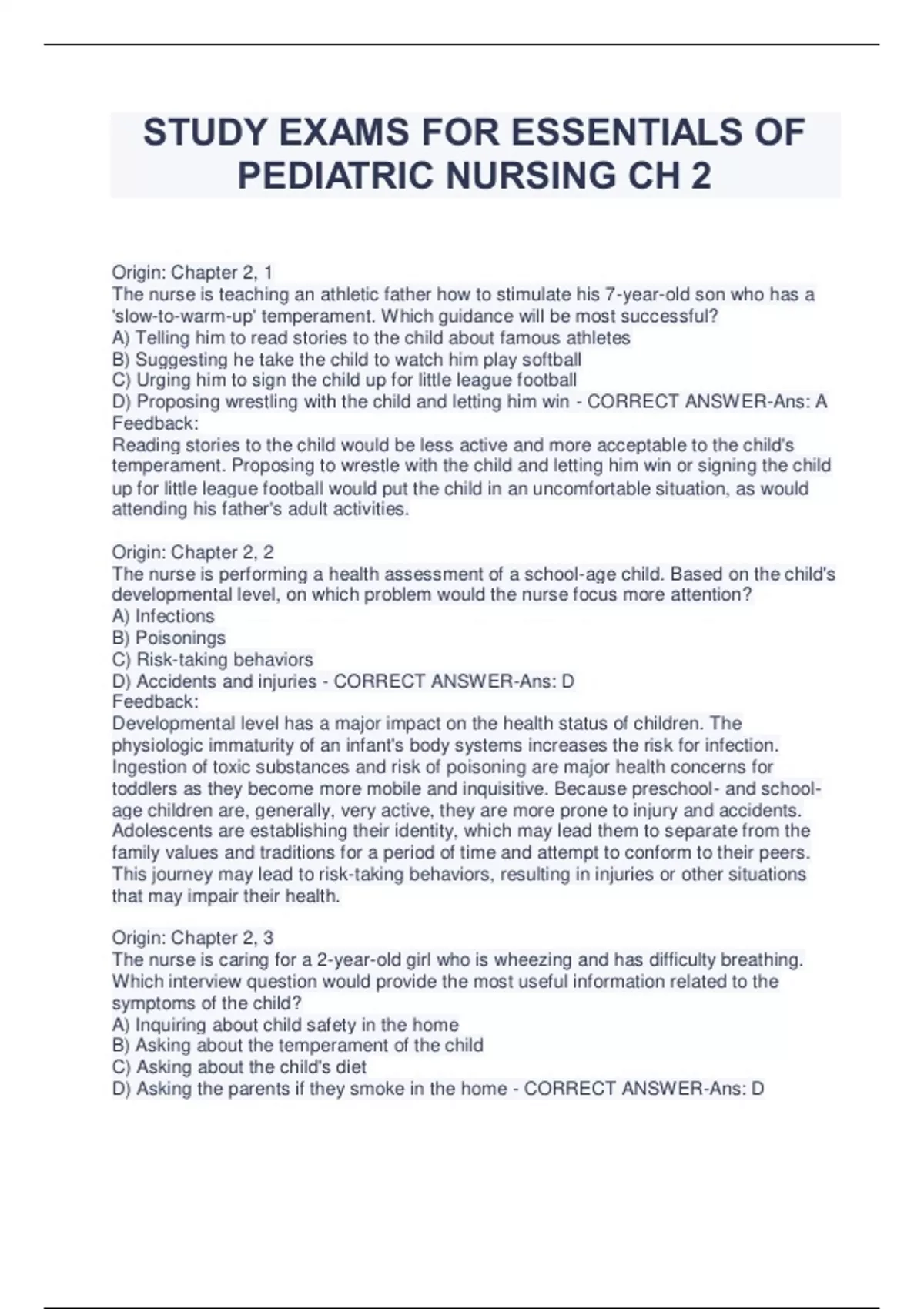 STUDY EXAMS FOR ESSENTIALS OF PEDIATRIC NURSING CH 2 - PEDIATRIC ...