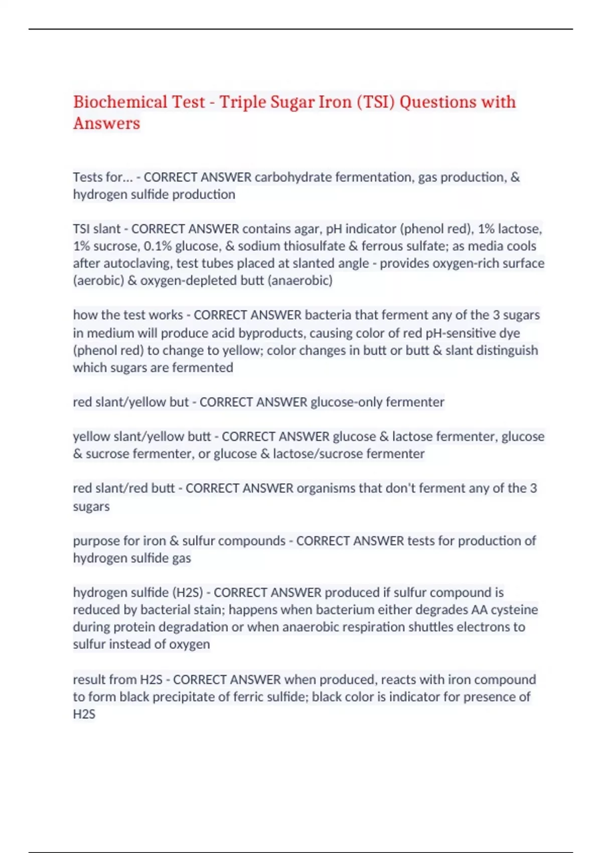 Biochemical Test - Triple Sugar Iron (TSI) Questions with Answers,100% ...