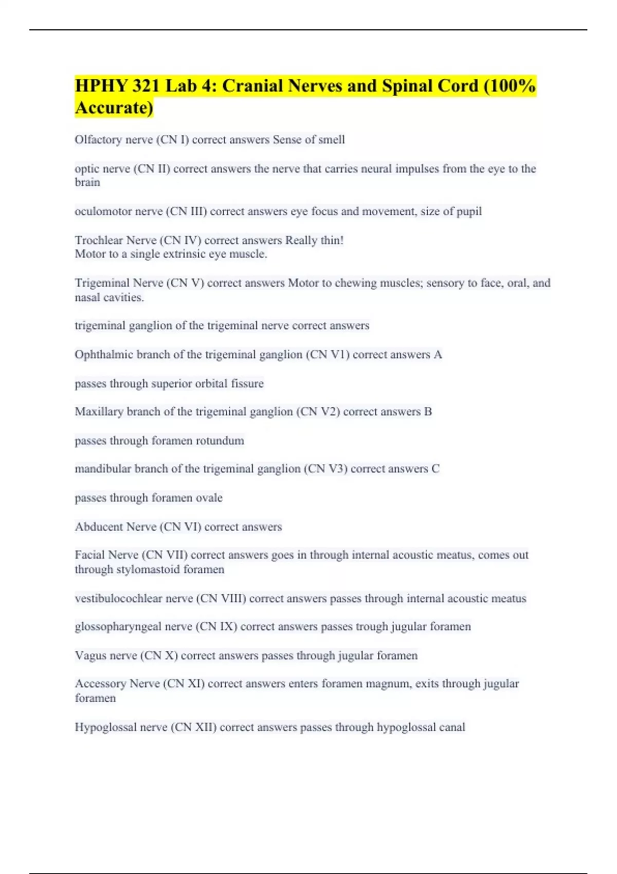 HPHY 321 Lab 4: Cranial Nerves and Spinal Cord (100% Accurate) - HPHY 321 - Stuvia US