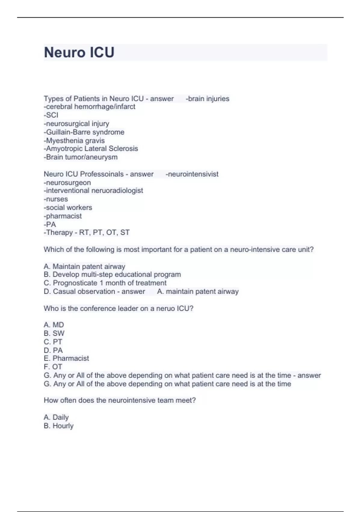 Neuro ICU Questions with solutions 2023 - RN ICU - Stuvia US