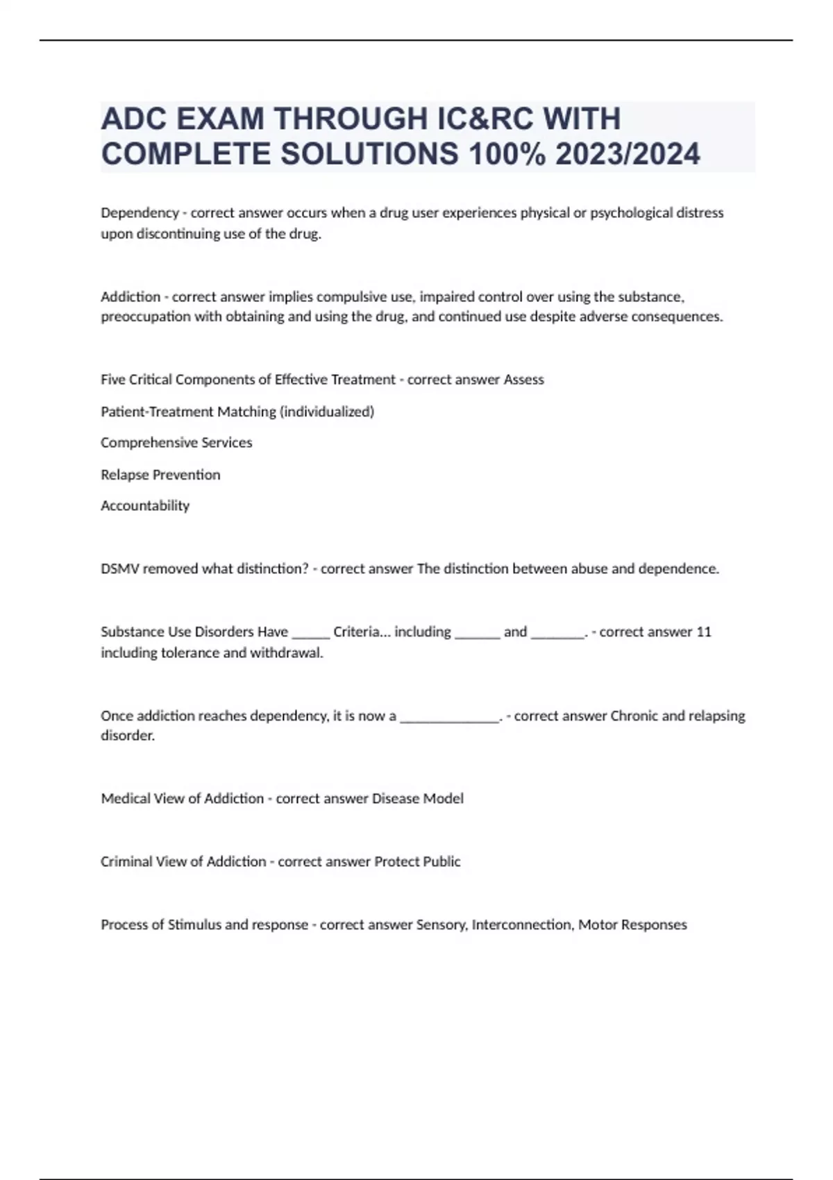 ADC EXAM THROUGH IC&RC WITH COMPLETE SOLUTIONS 100% 2023/2024 - Alcohol ...