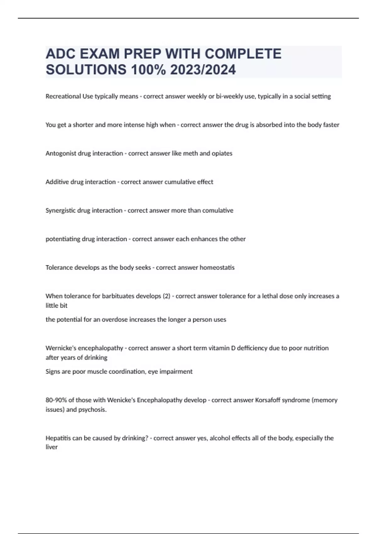 ADC EXAM PREP WITH COMPLETE SOLUTIONS 100% 2023/2024 - Alcohol and Drug ...