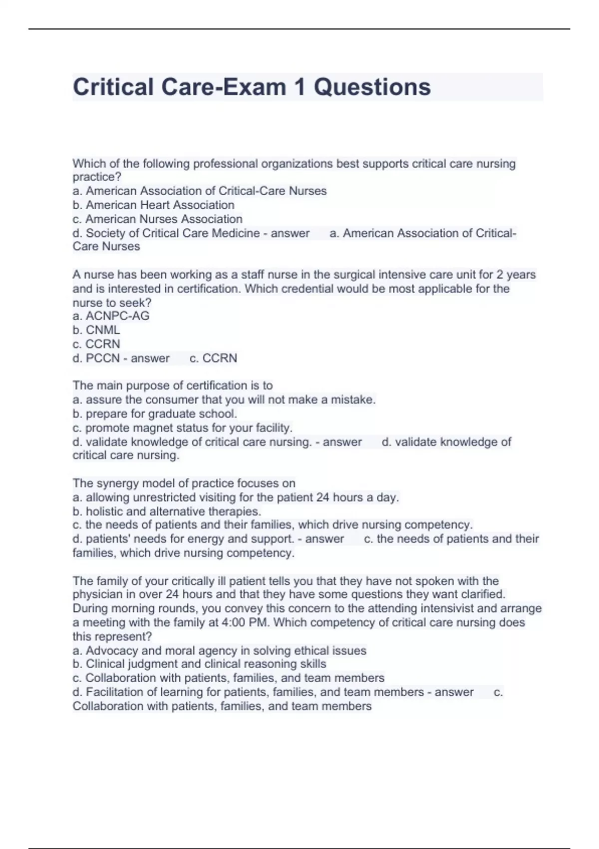 Critical Care-Exam 1 Questions and Answers 100% Correct - RN ICU ...