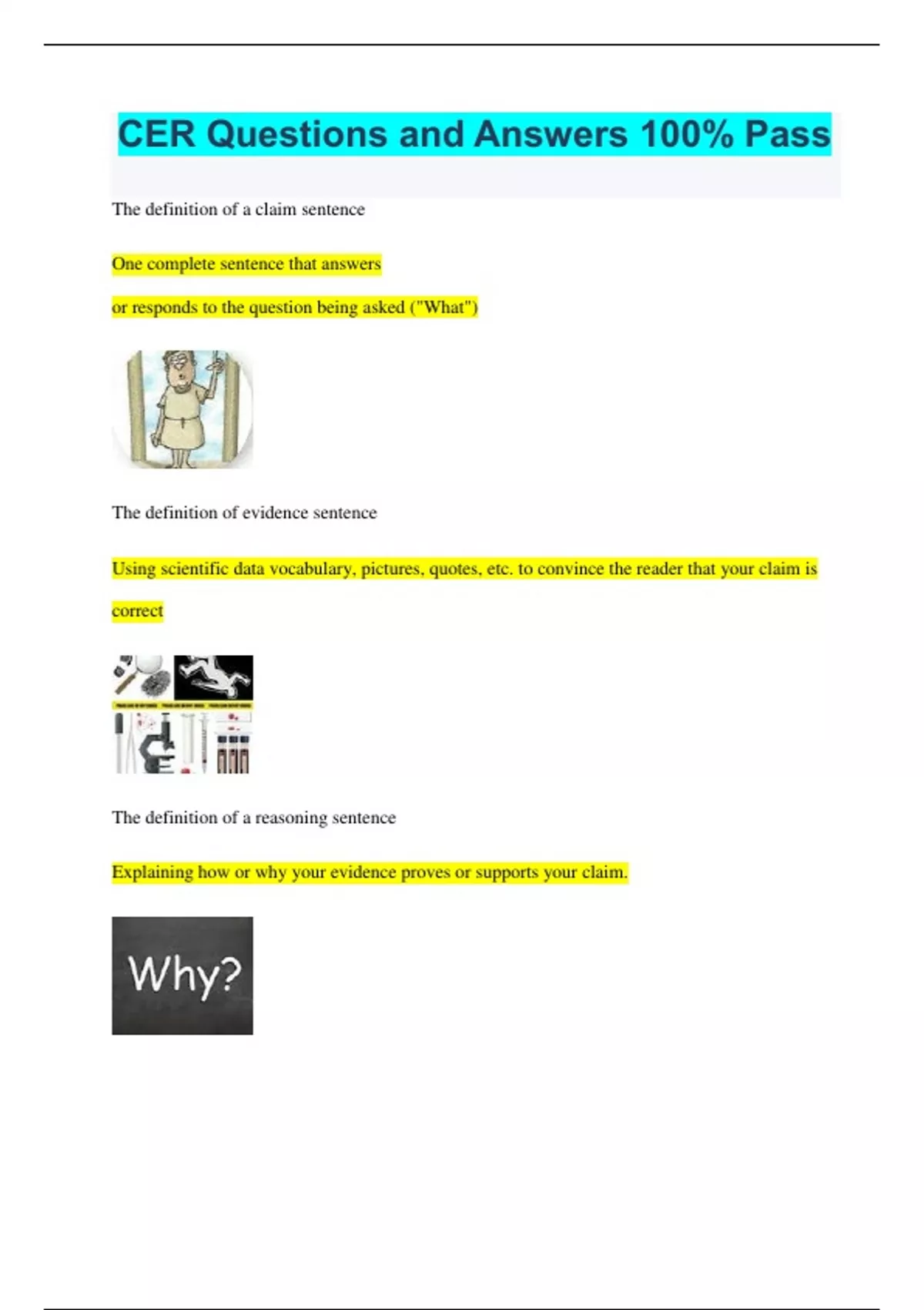 Claim Evidence Reasoning (CER) Bundled Exams Questions and Answers 100% ...