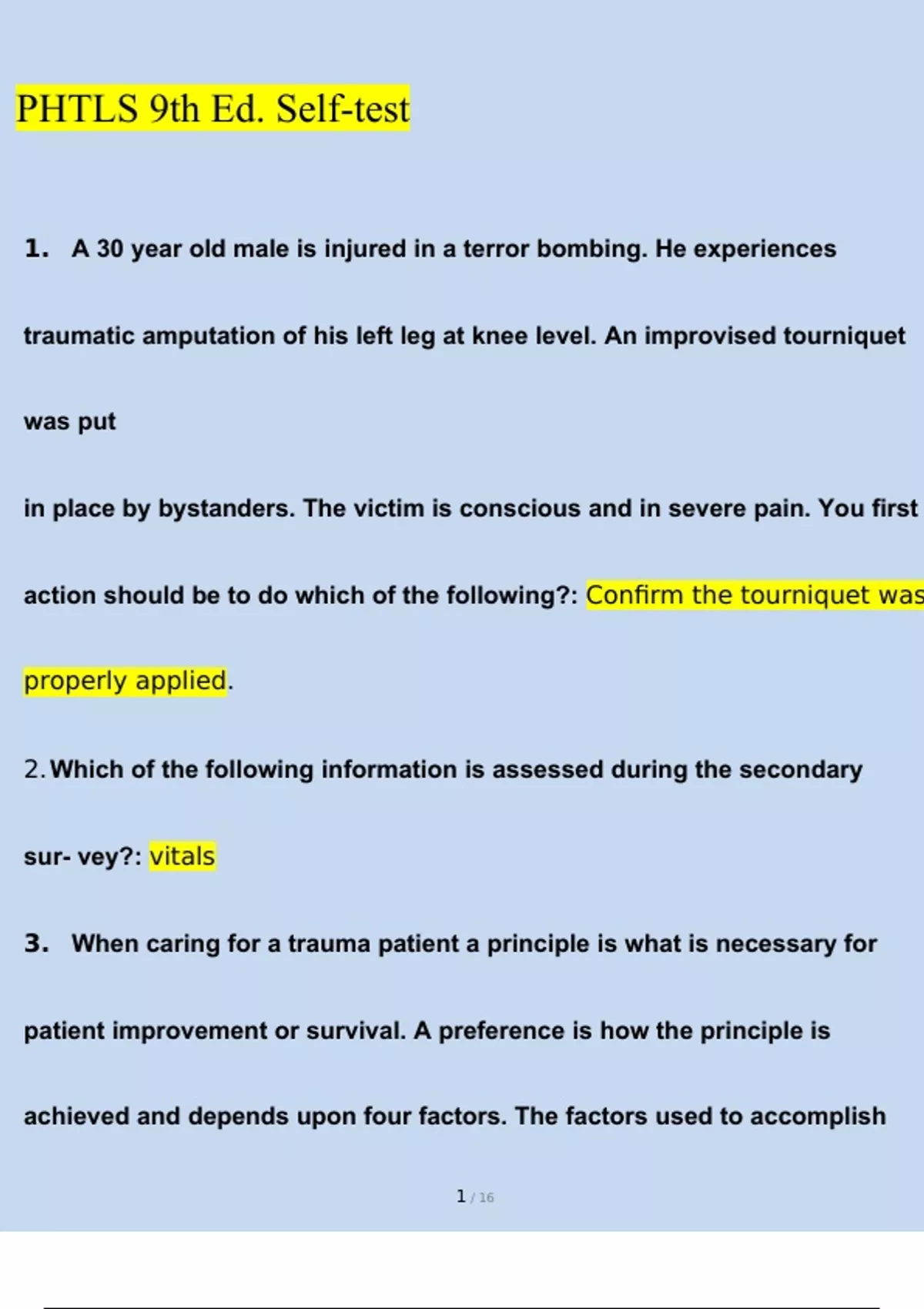 PHTLS 9th Edition Self-test (2023/2024) Newest Questions and Answers ...