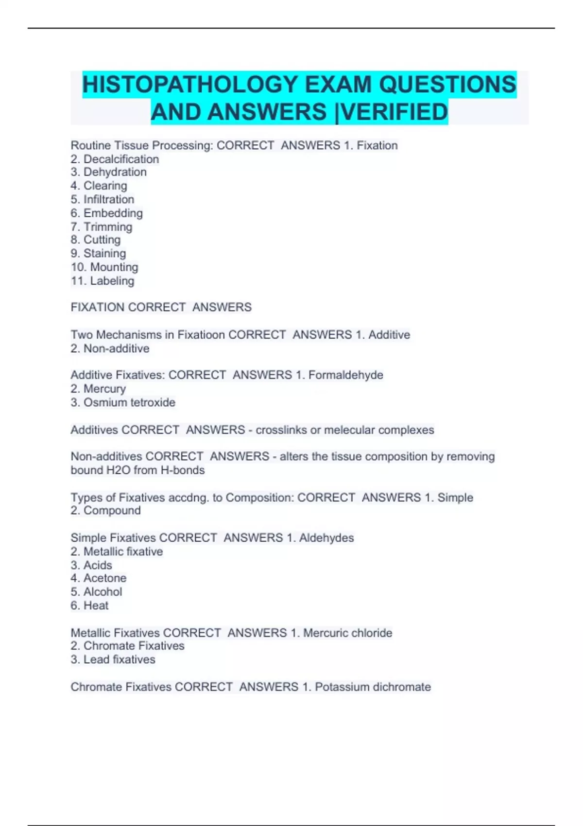 HISTOPATHOLOGY EXAM QUESTIONS AND ANSWERS |VERIFIED - Histopathology ...