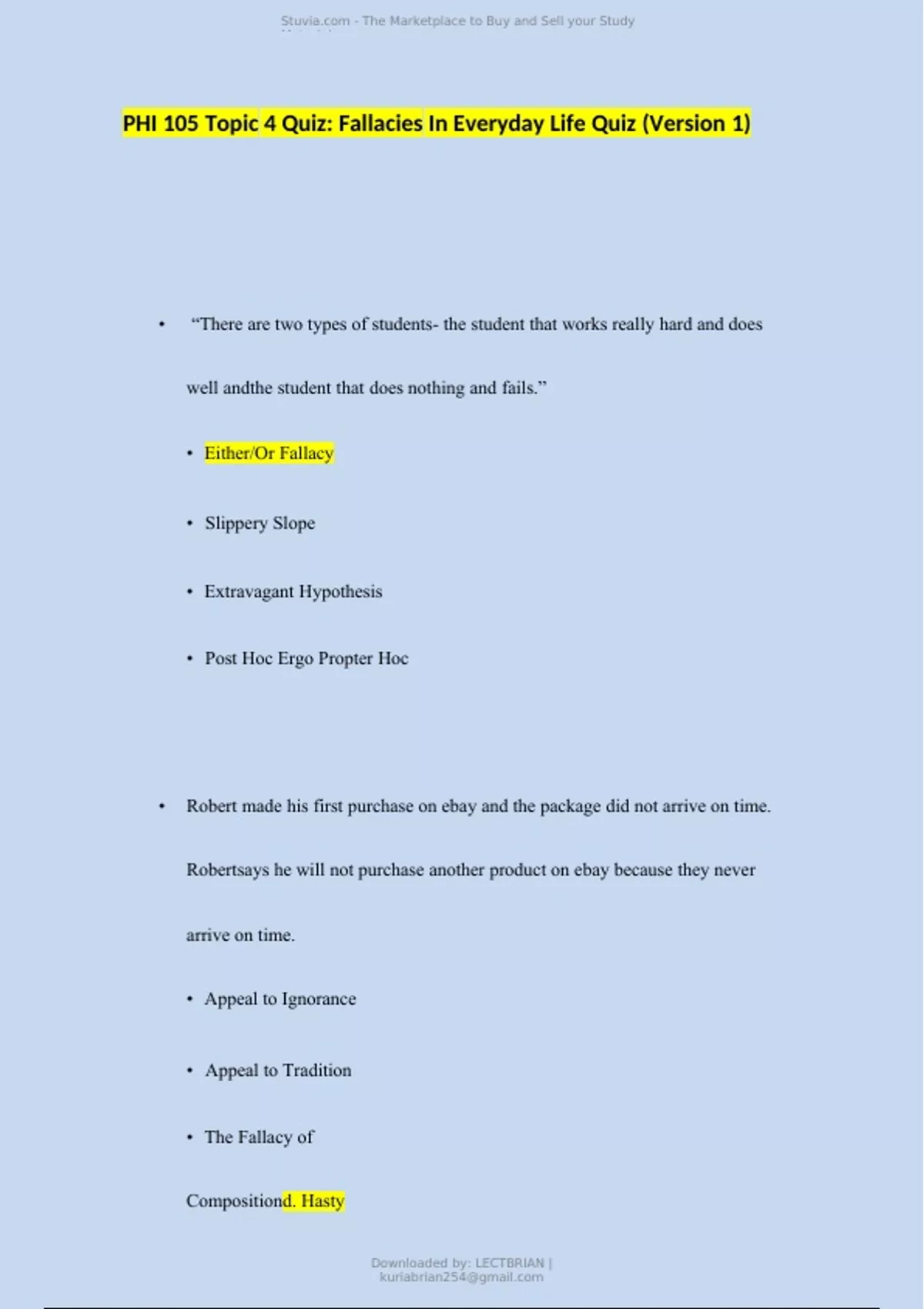 PHI 105 Topic 4 Quiz: Fallacies In Everyday Life Quiz (Version 1), (2023/2024) Newest Questions ...