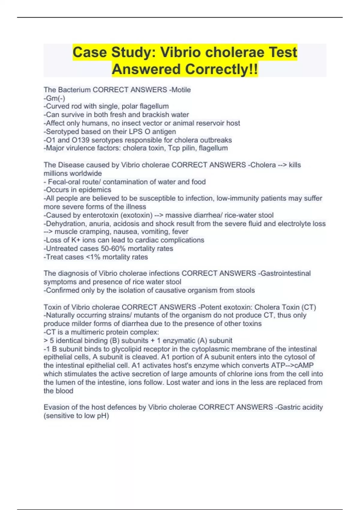 Case Study: Vibrio cholerae Test Answered Correctly!! - Cholera case ...