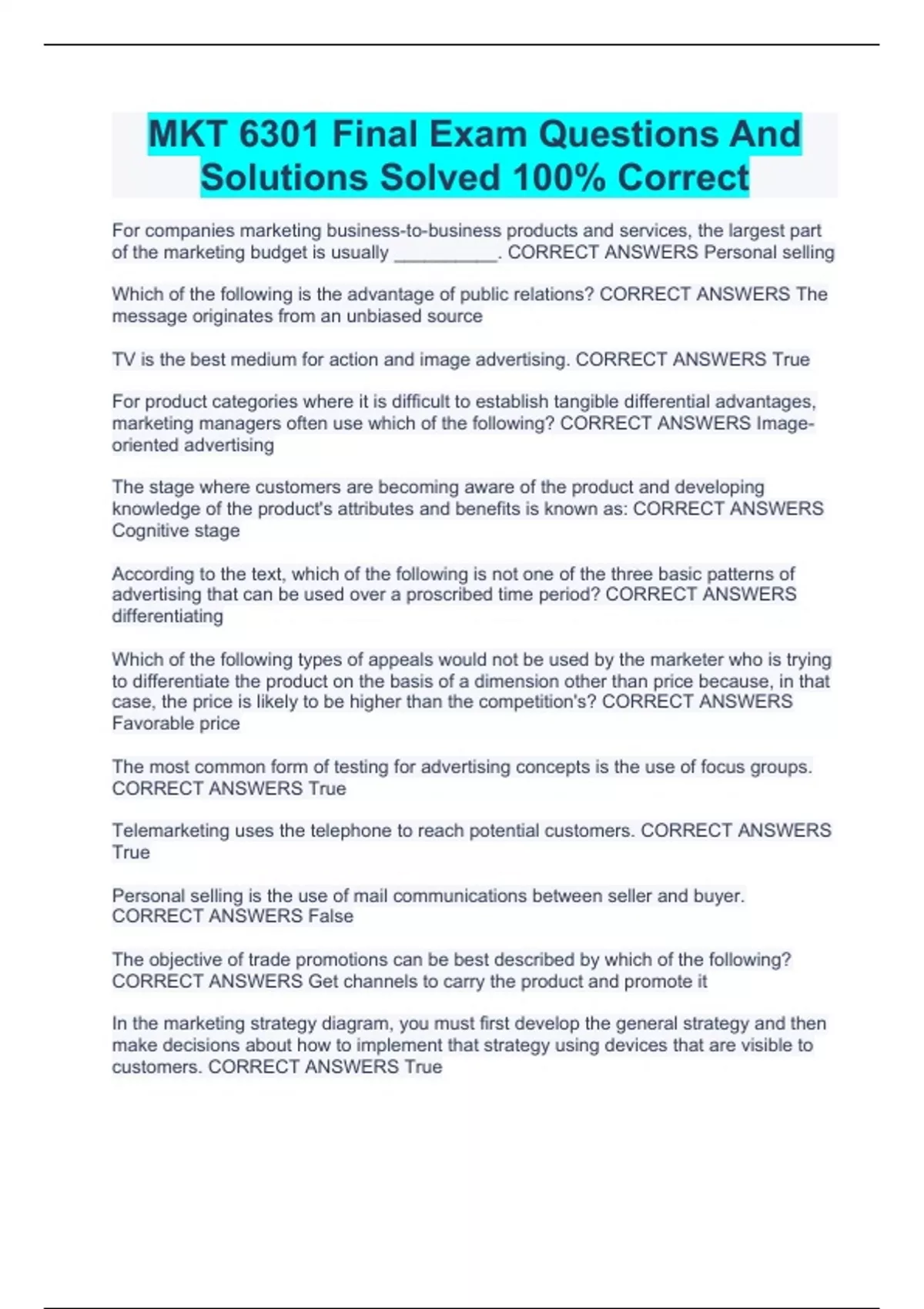 MKT 6301 Final Exam Questions And Solutions Solved 100% Correct - MKT 6301 - Stuvia US