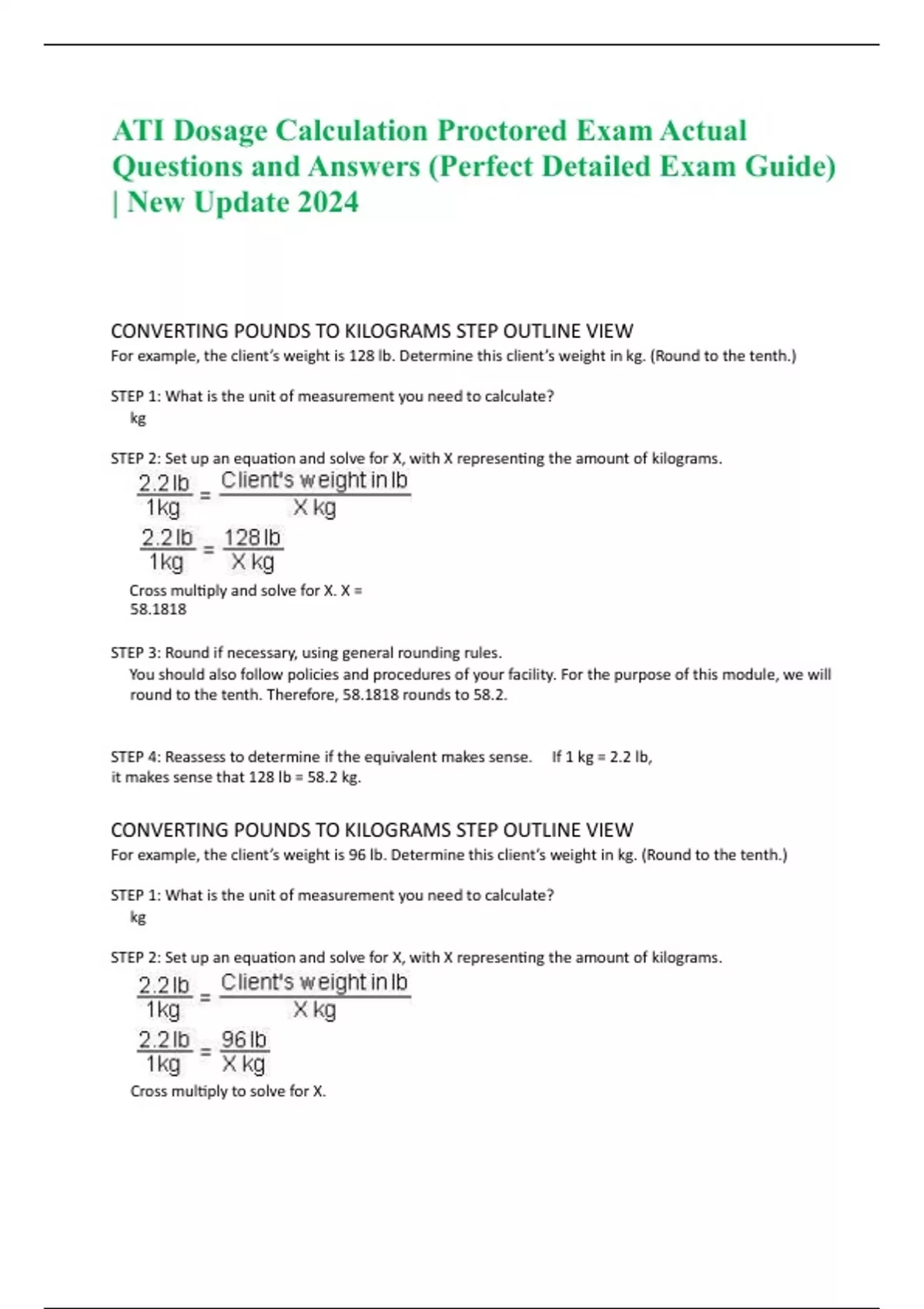 ATI Dosage Calculation Proctored Exam Actual Questions and Answers ...