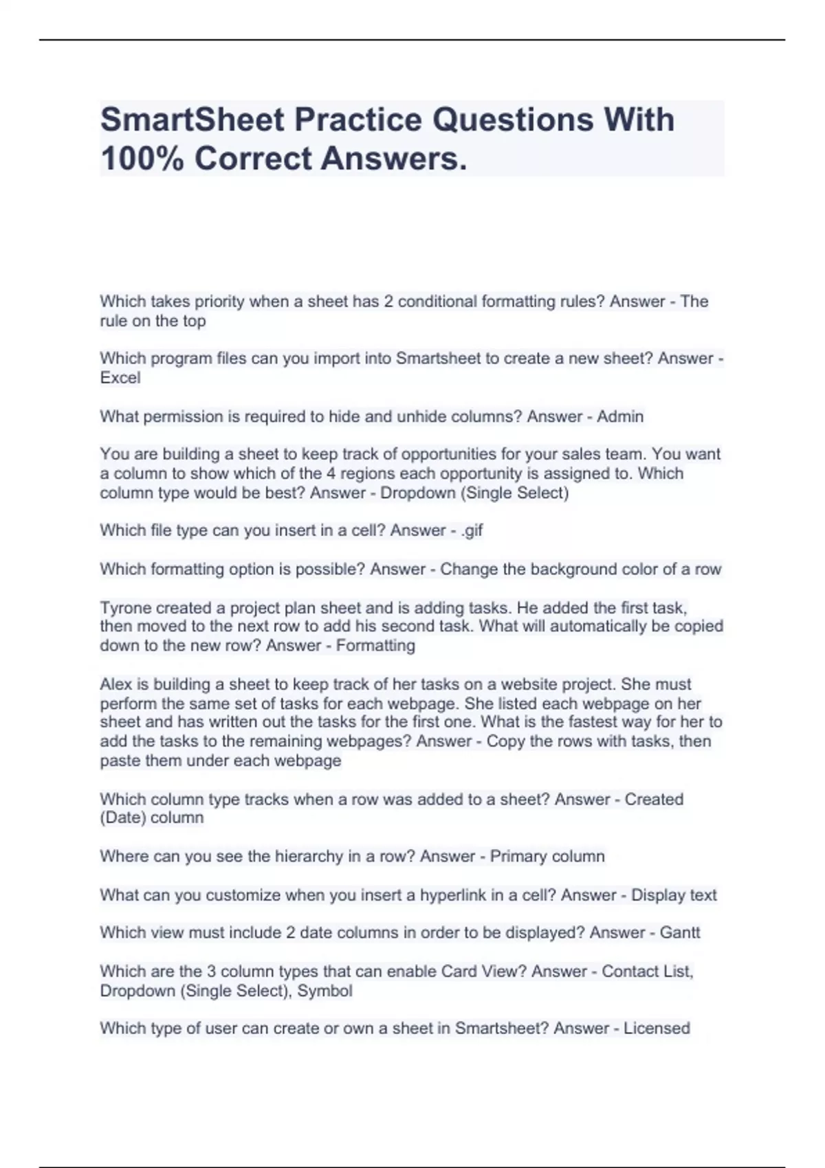 SmartSheet Practice Questions With 100% Correct Answers. - Smartsheet - Stuvia US