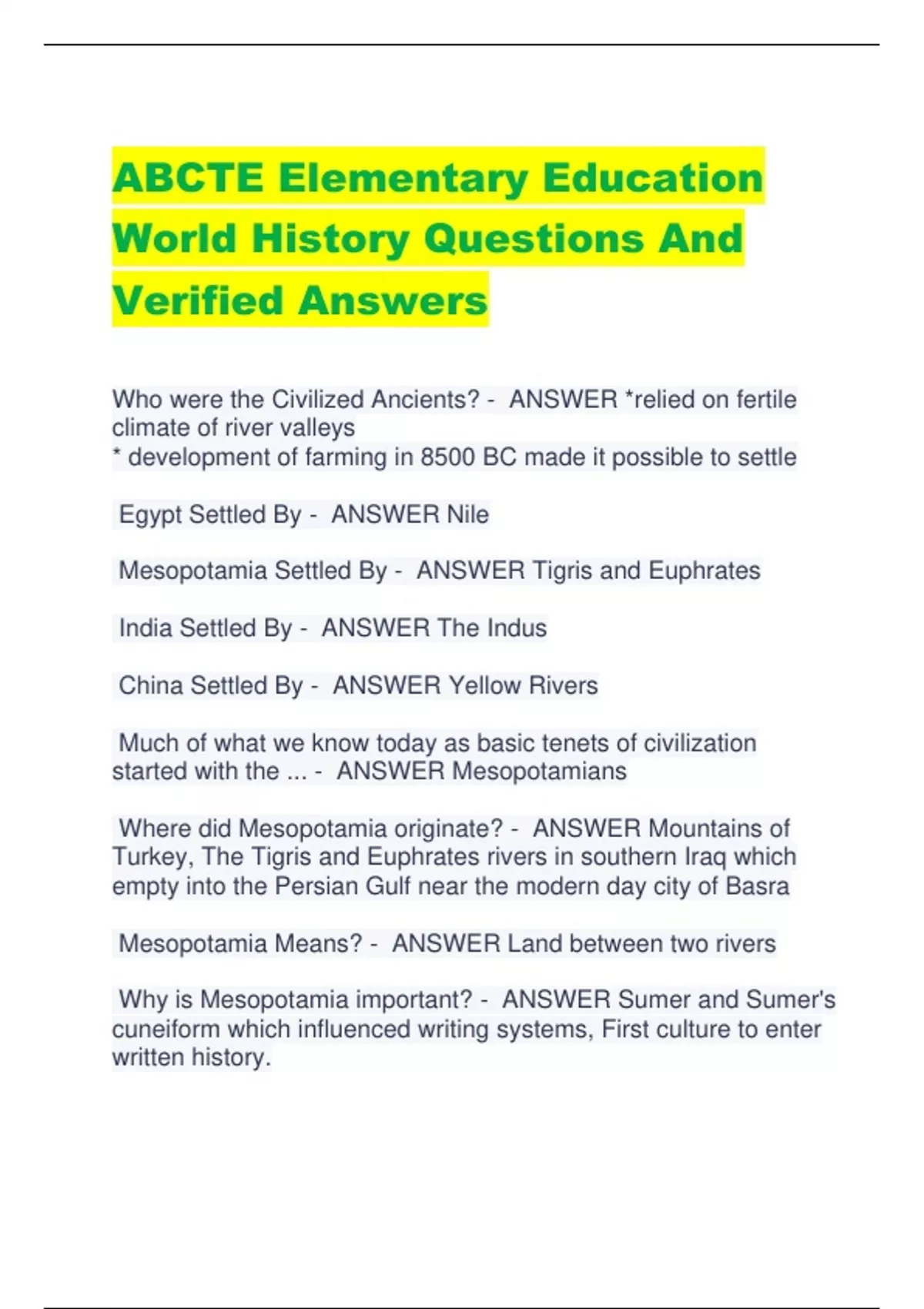 ABCTE Elementary Education World History Questions And Verified Answers ...