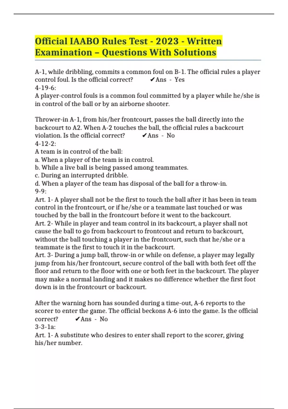 Official IAABO Rules Test - 2023 - Written Examination – Questions With ...