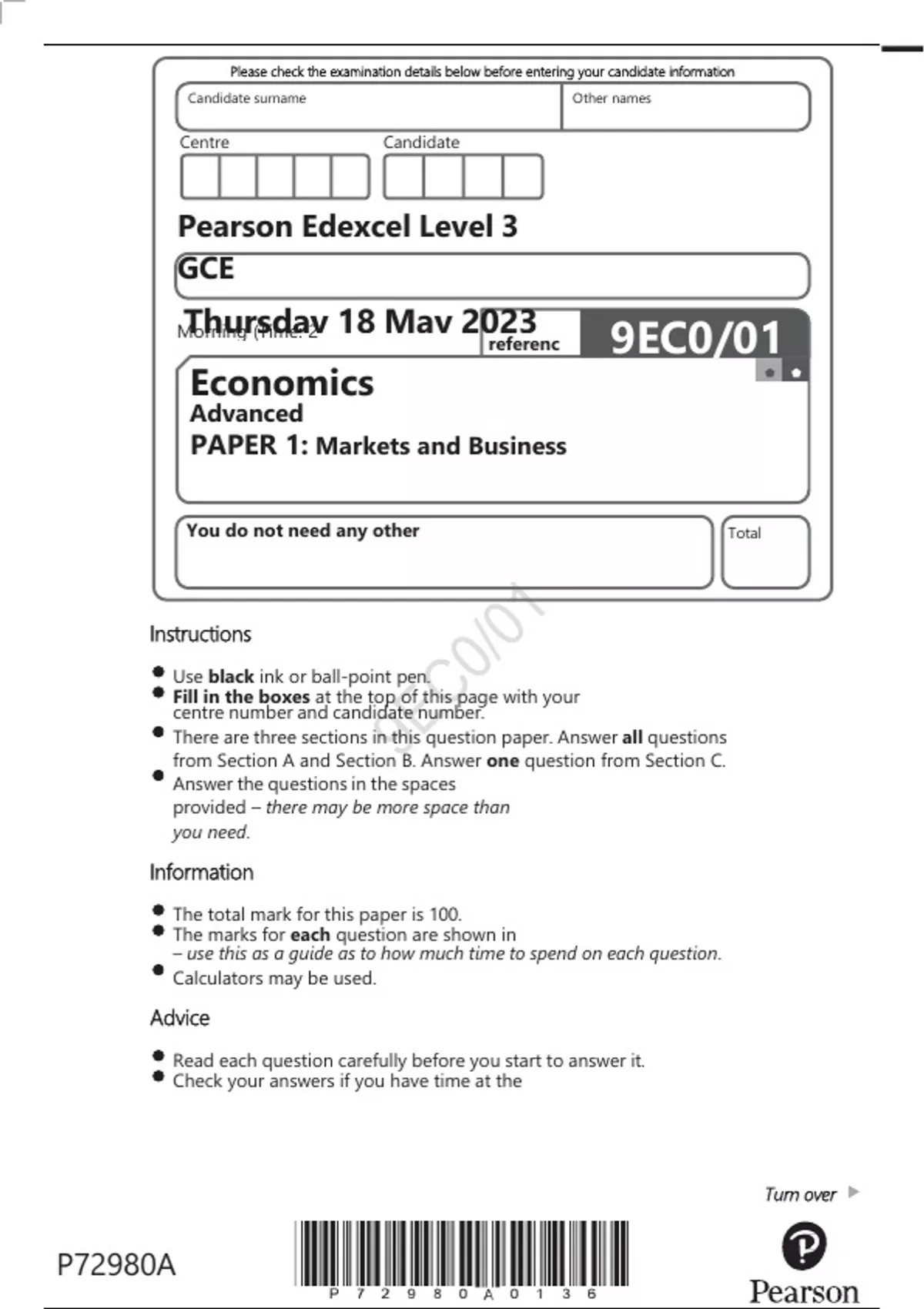 Pearson Edexcel GCE Economics A Advanced PAPER 1 June 2023 question paper - Pearson Edexcel in ...