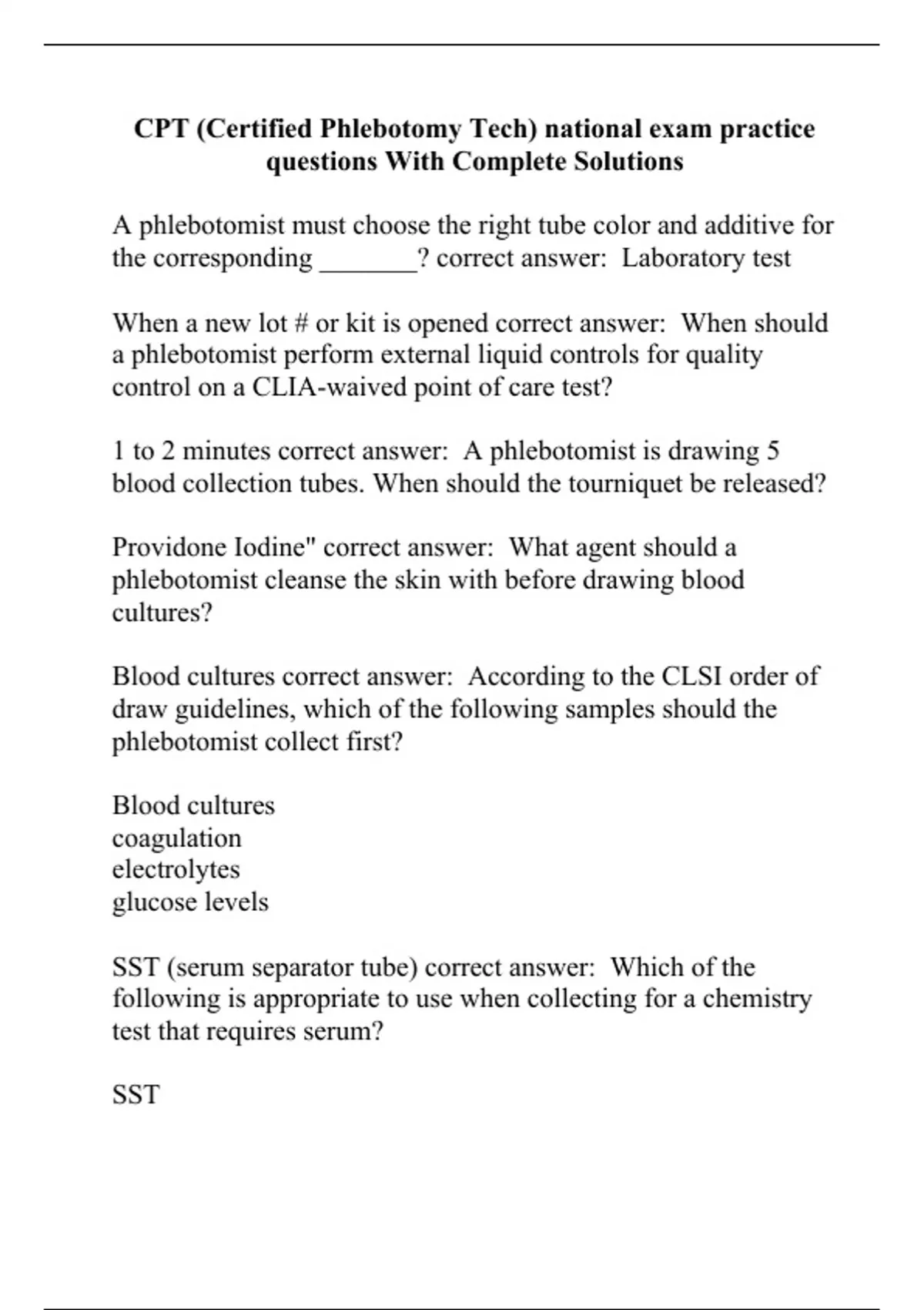 CPT (Certified Phlebotomy Tech) national exam practice questions With ...