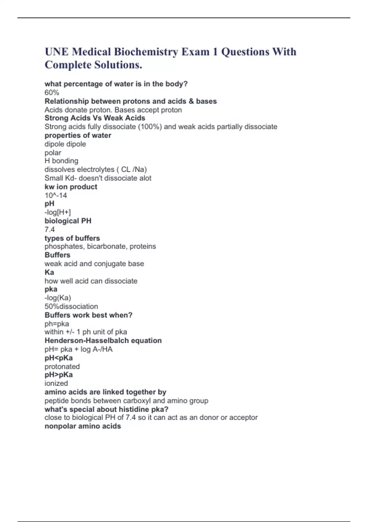 UNE Medical Biochemistry Exam 1 Questions With Complete Solutions ...