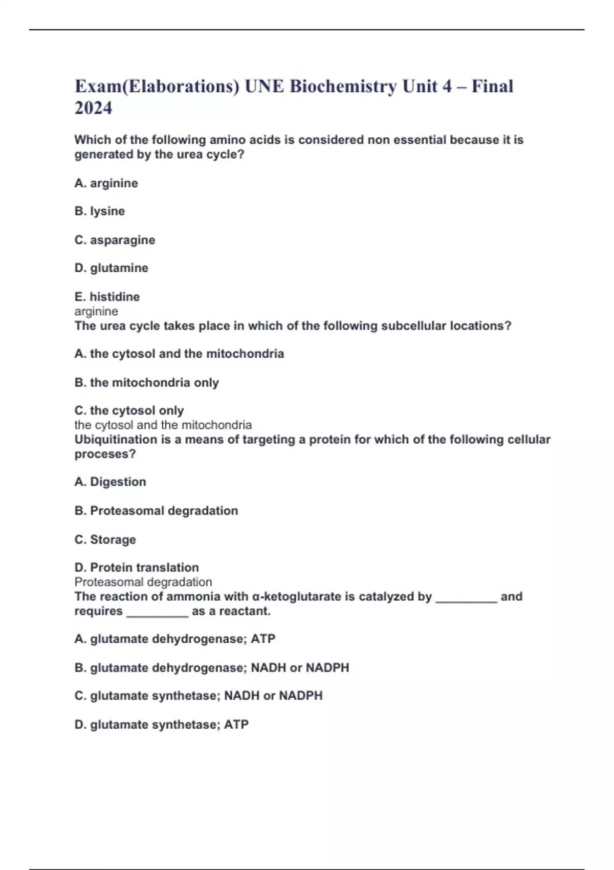 Exam(Elaborations) UNE Biochemistry Unit 4 – Final 2024 - UNE Medical ...