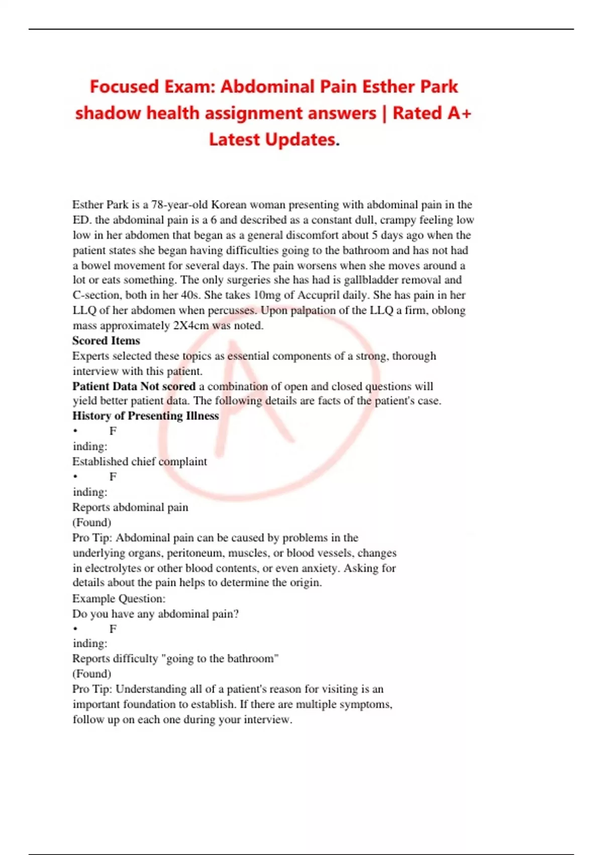 Focused Exam: Abdominal Pain Esther Park shadow health assignment ...