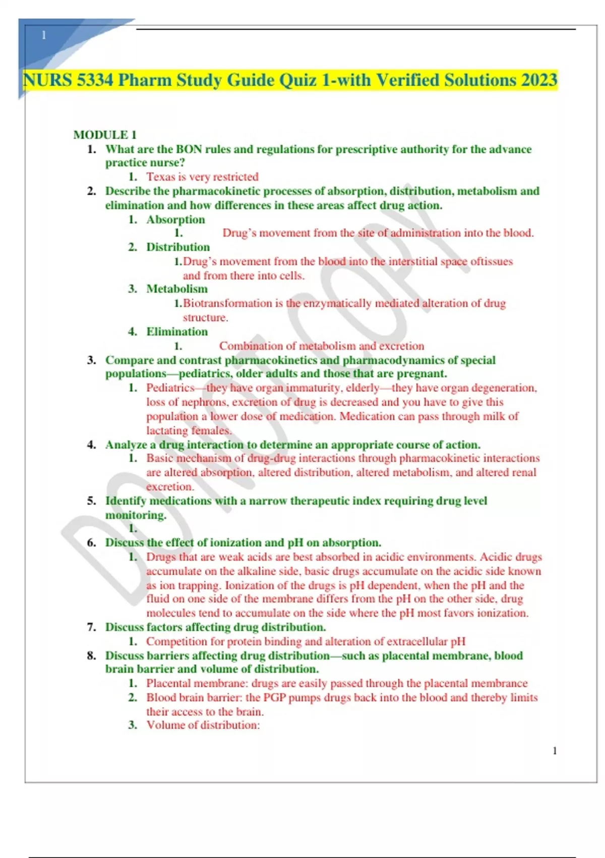 NURS 5334 Pharm Study Guide Quiz 1-with Verified Solutions 2023 - NURS ...