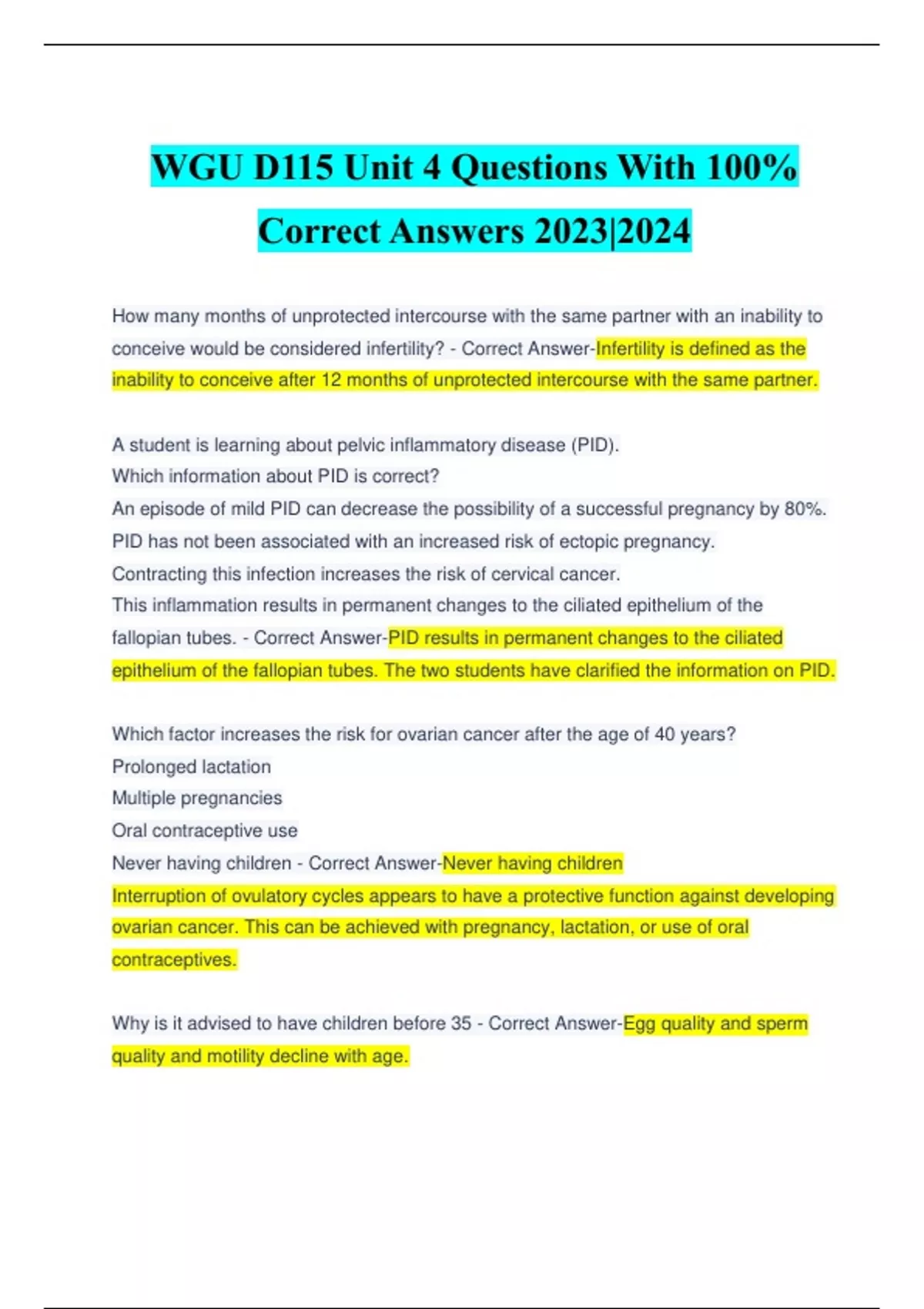 WGU D115 Unit 4 Questions With 100% Correct Answers 2023|2024 - WGU D115 - Stuvia US