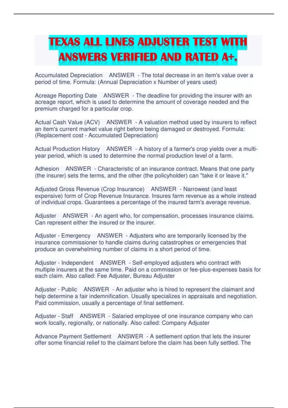 TEXAS ALL LINES ADJUSTER TEST WITH ANSWERS VERIFIED AND RATED A+ ...