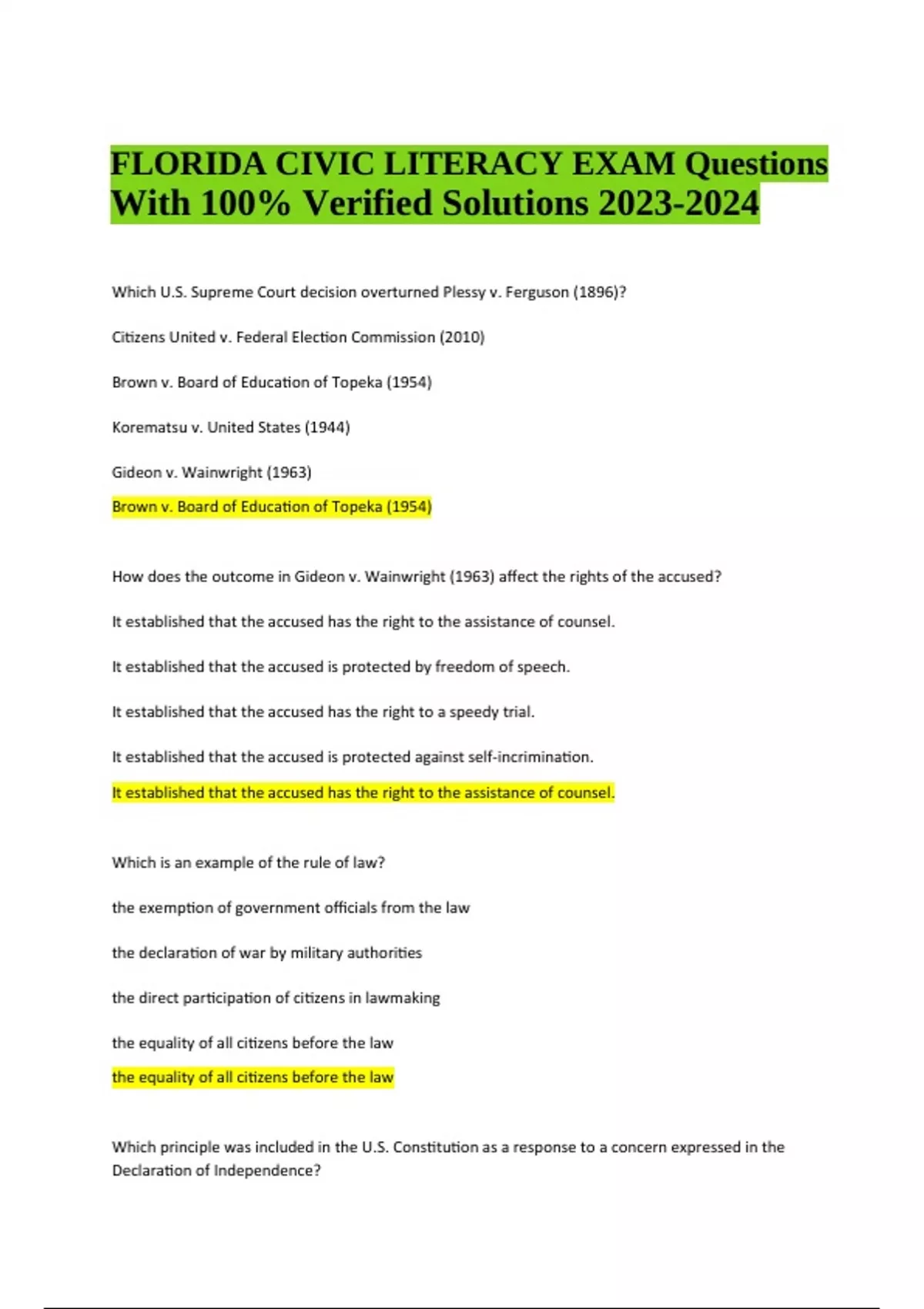 FLORIDA CIVIC LITERACY EXAM Questions With 100% Verified Solutions ...