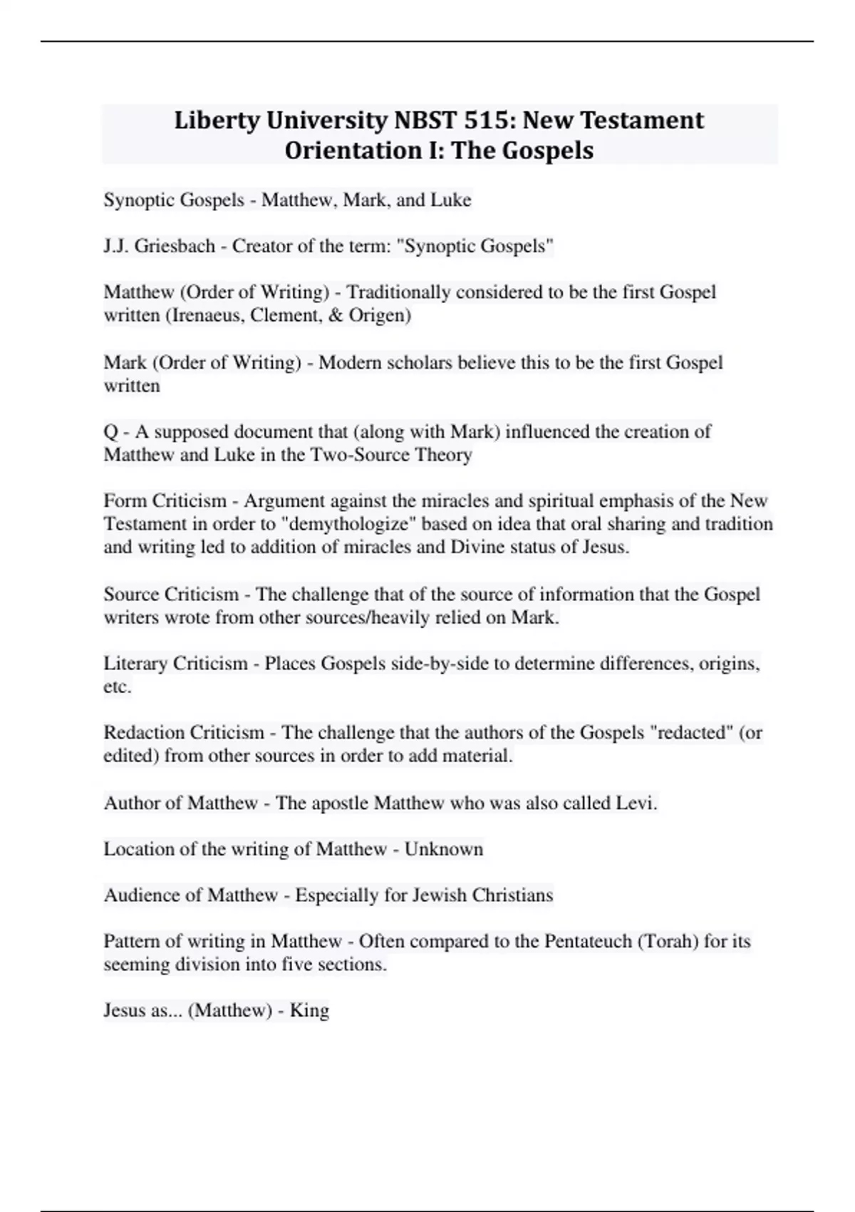 Liberty University NBST 515: New Testament Orientation I: The Gospels ...