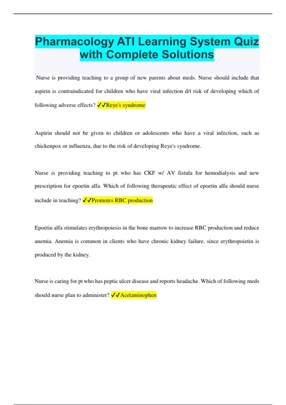 Pharmacology ATI Learning System Quiz with Complete Solutions - PHA 372 ...