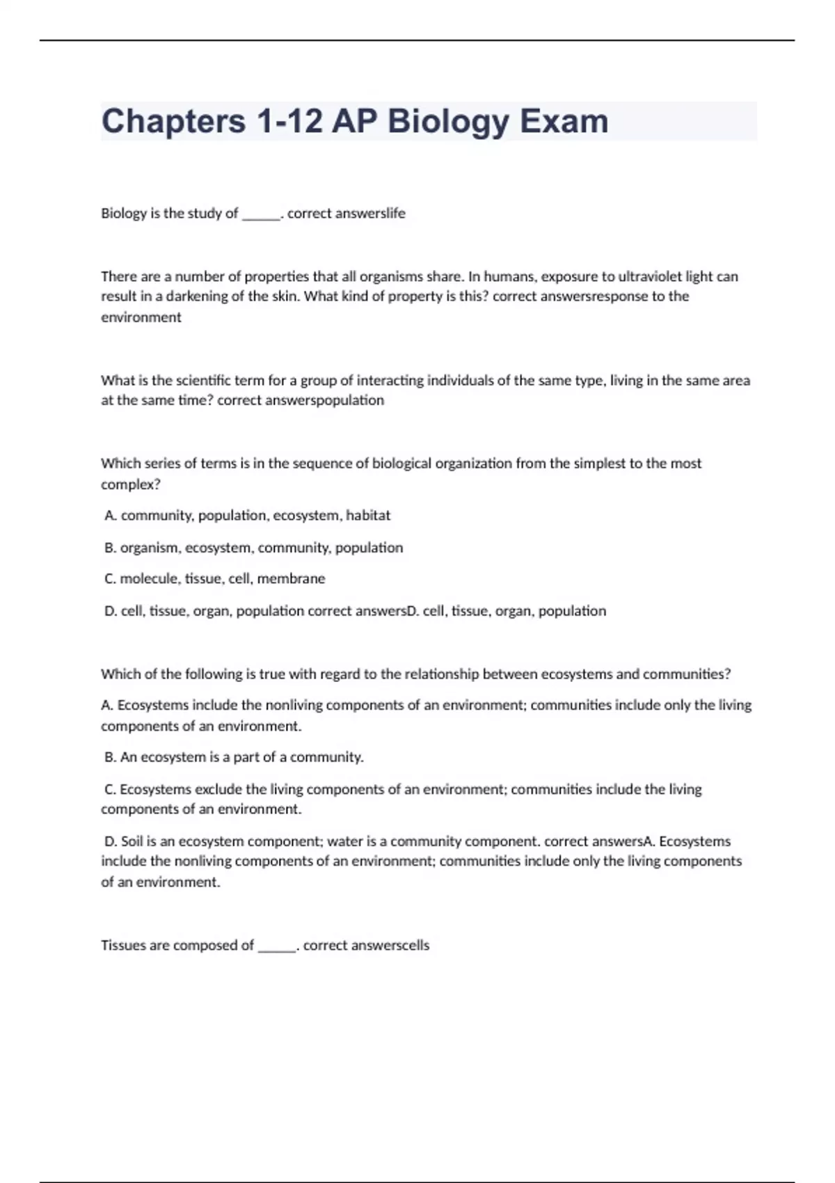 Chapters 1-12 AP Biology Exam 2023/2024 with 100% correct answers ...