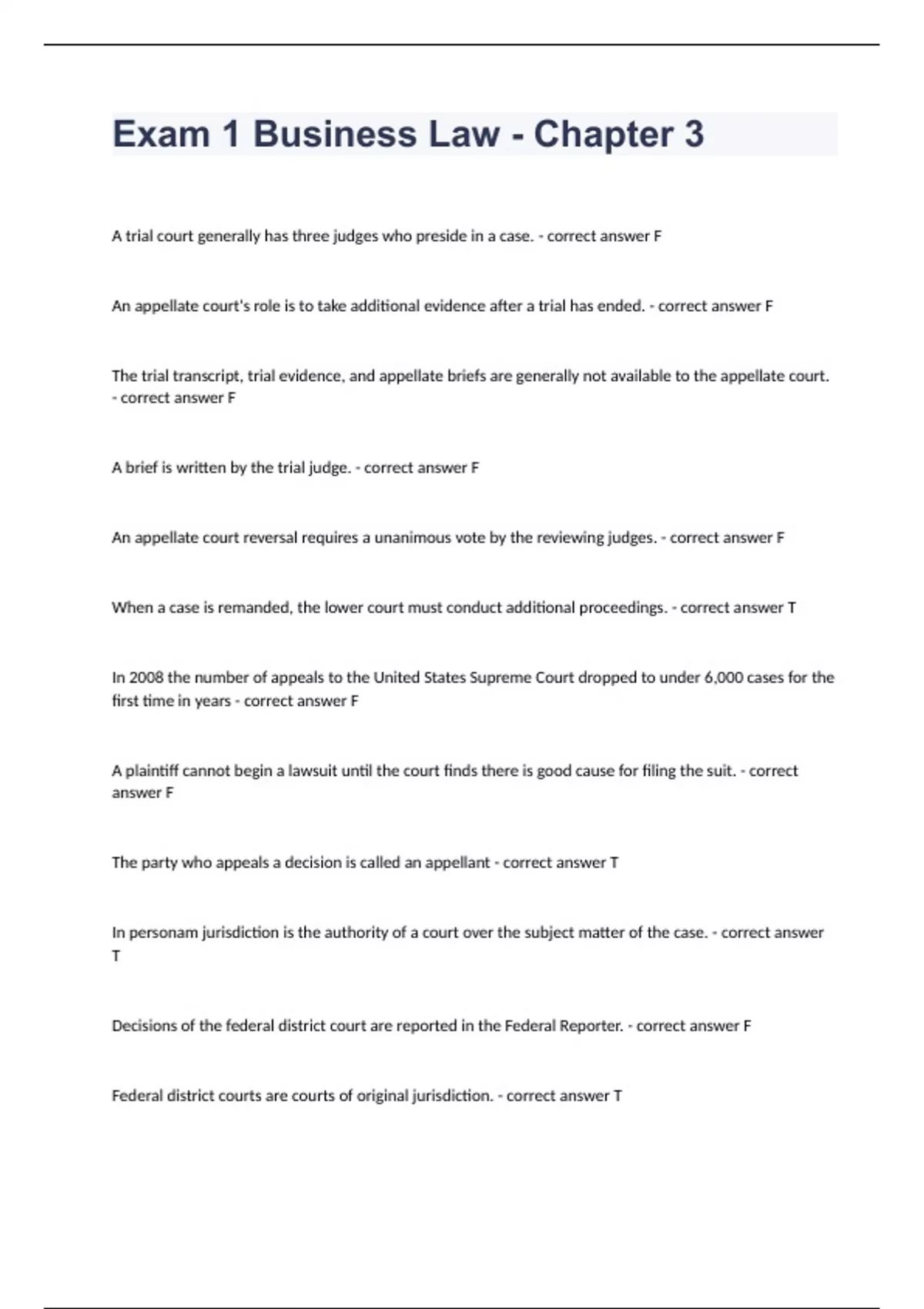 Exam 1 Business Law - Chapter 3 question and answers rated A+ 2023/2024 - MESA AIRLINE - Stuvia US