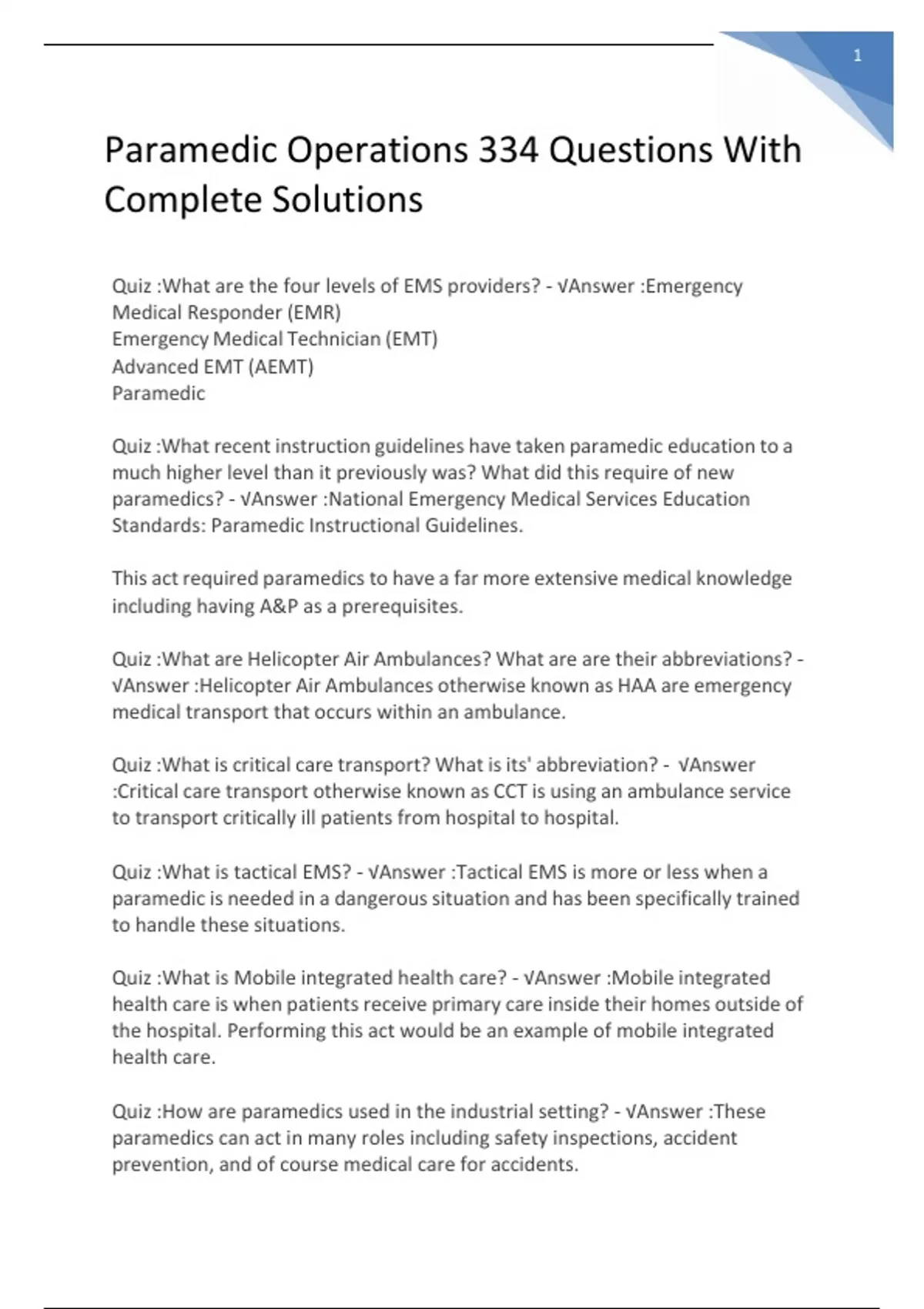 Paramedic Operations 334 Questions With Complete Solutions 2024/2025 ...