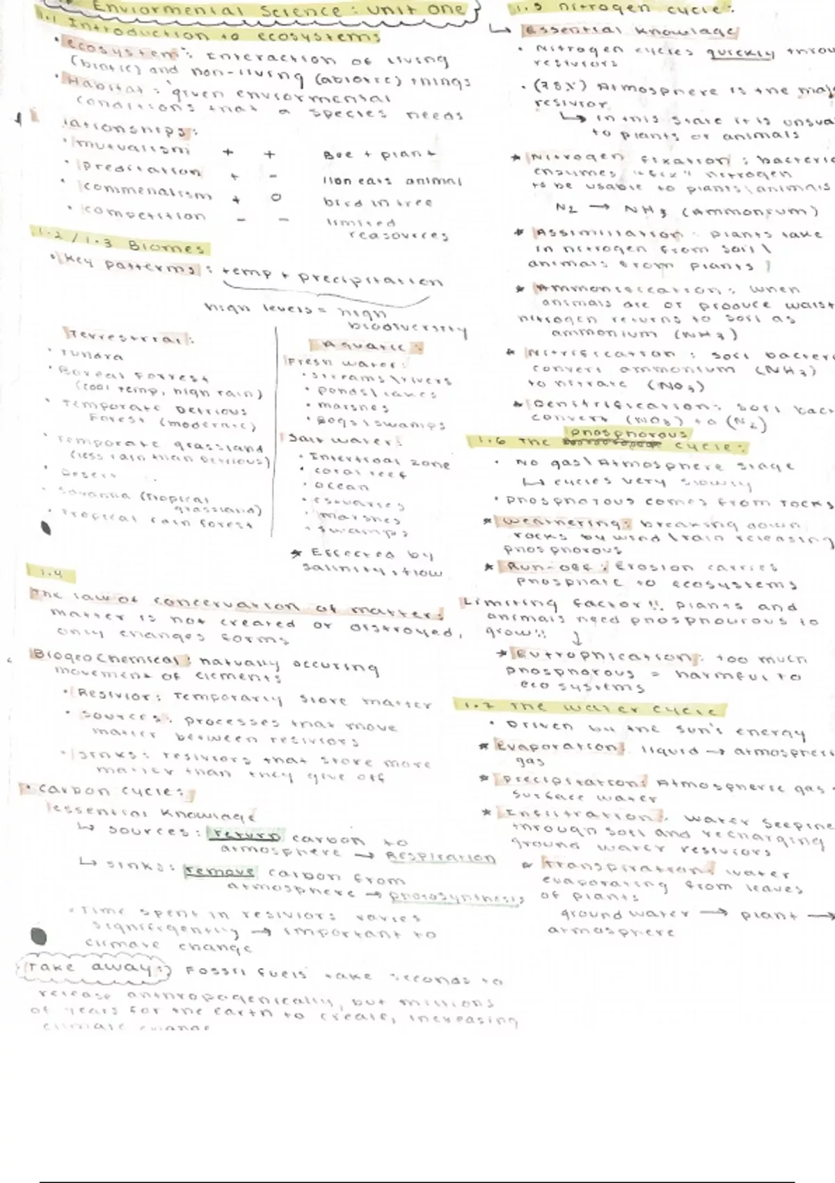 Summary AP Environmental Science Unit One: The Living World: Ecosystems ...