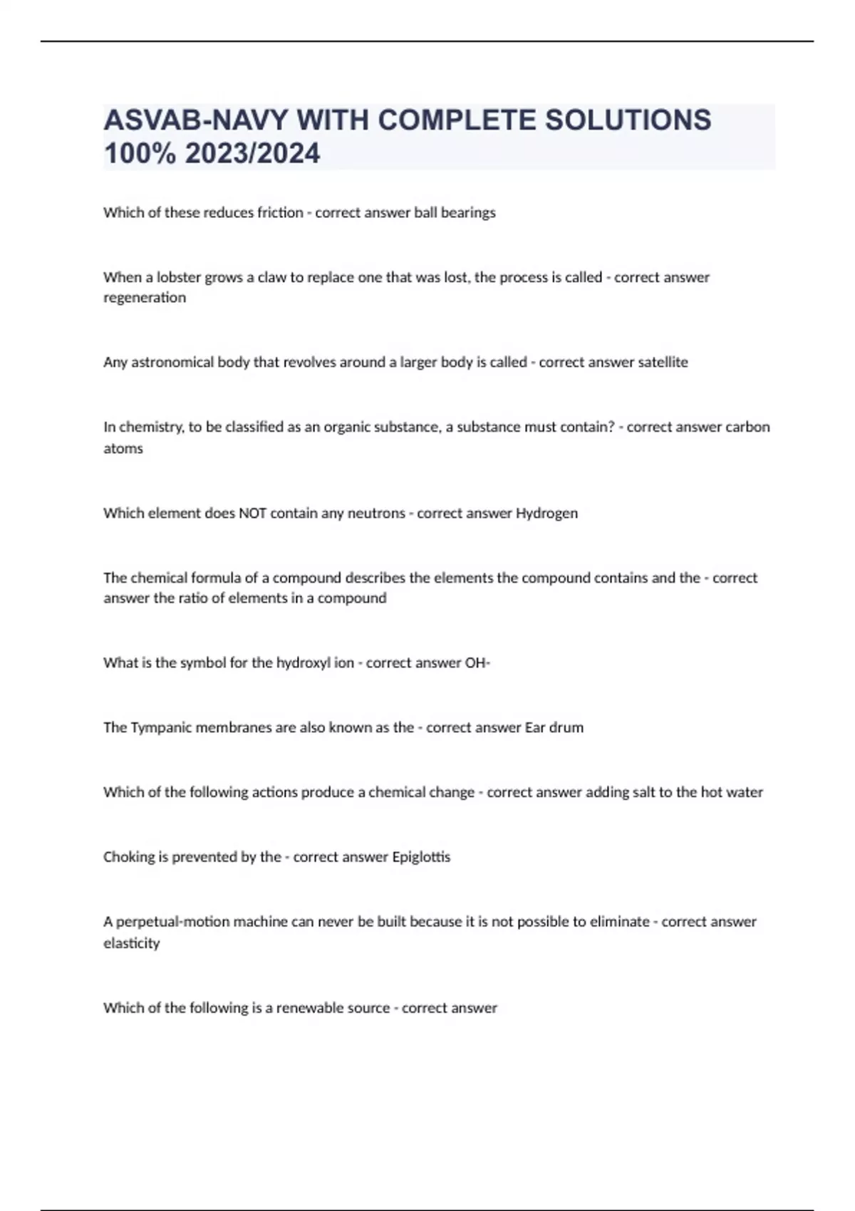 ASVAB-NAVY WITH COMPLETE SOLUTIONS 100% 2023/2024 - ASVAB - Stuvia US
