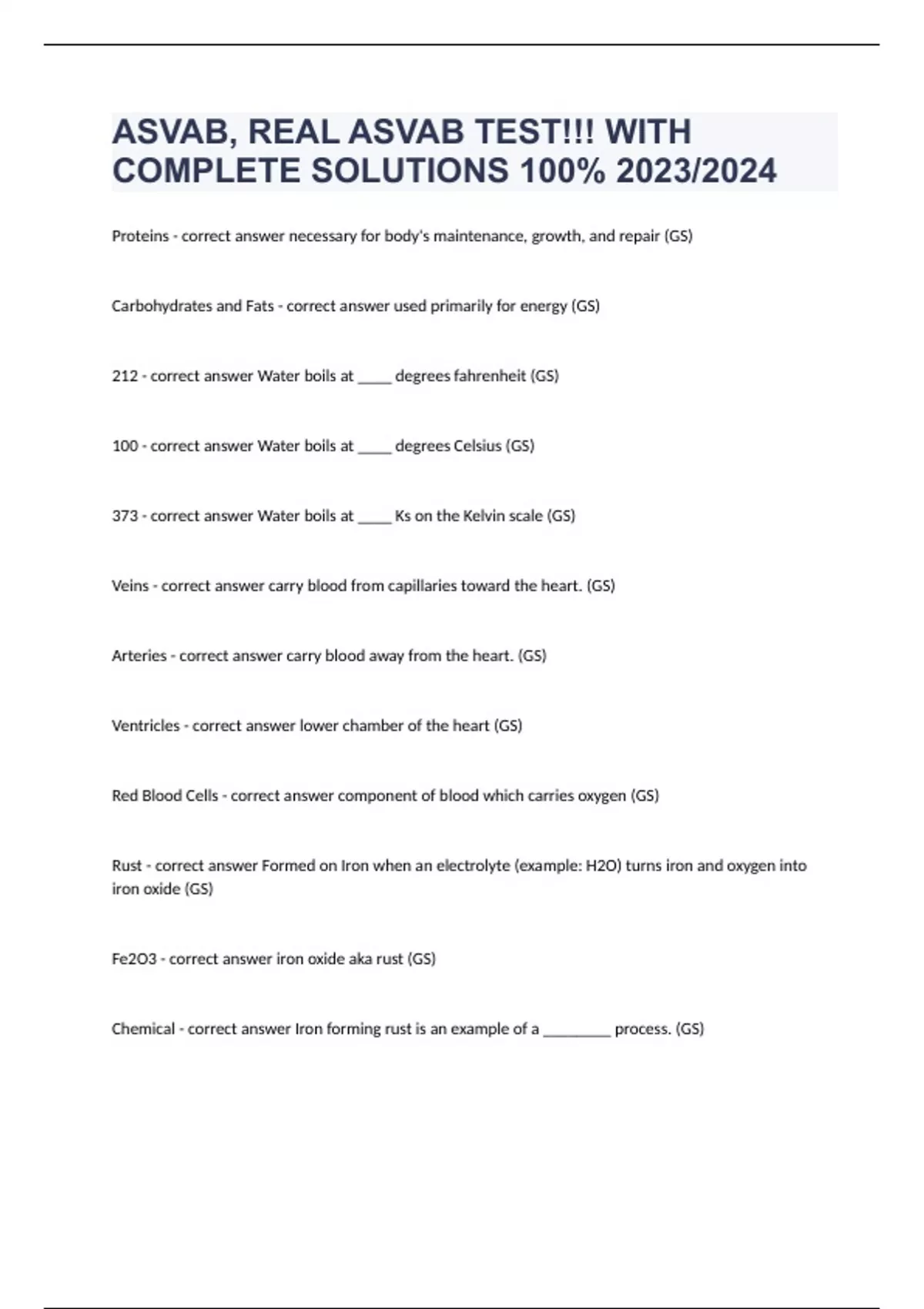 ASVAB, REAL ASVAB TEST!!! WITH COMPLETE SOLUTIONS 100% 2023/2024 ...