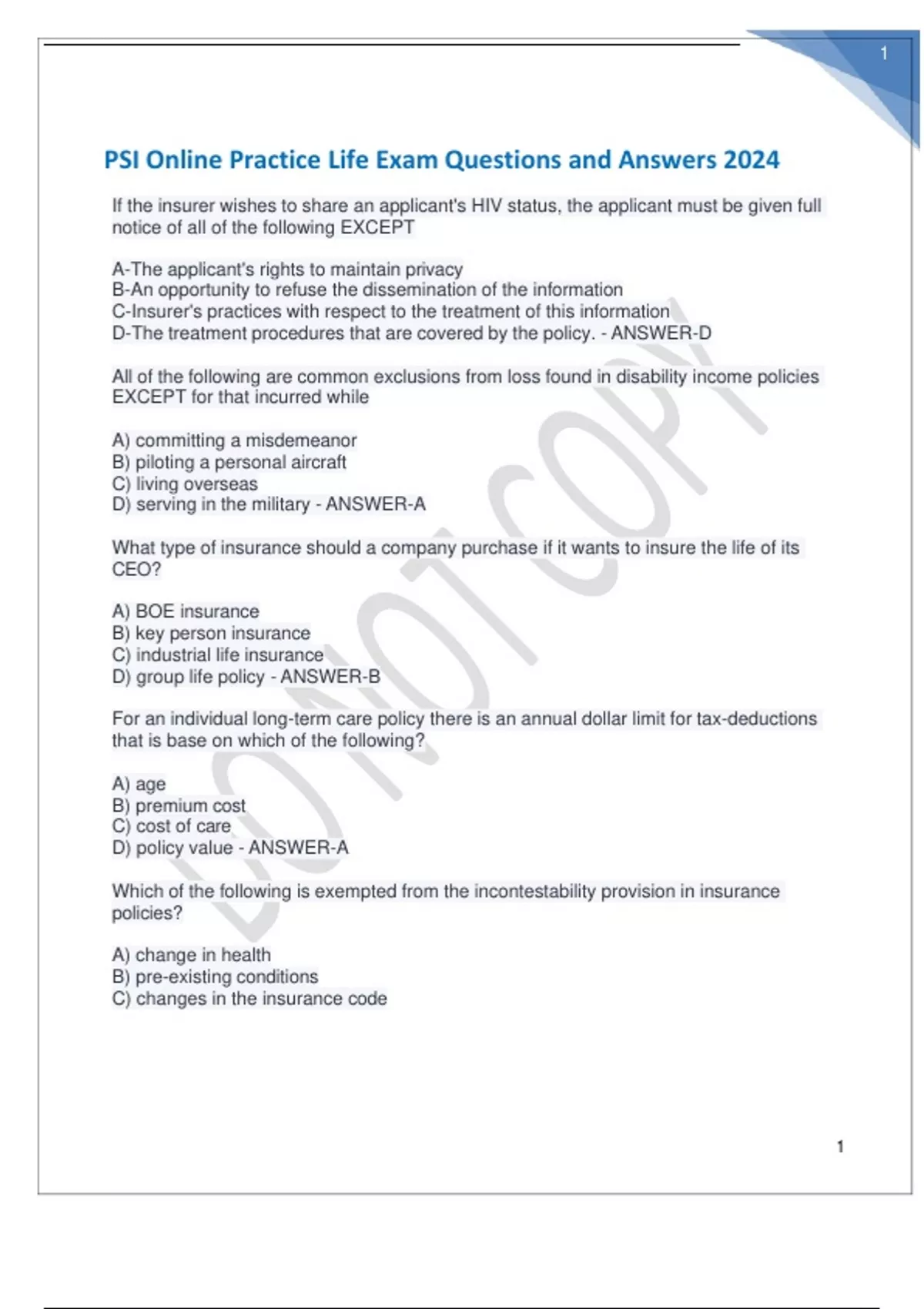 PSI Online Practice Life Exam Questions And Answers 2024 Life And