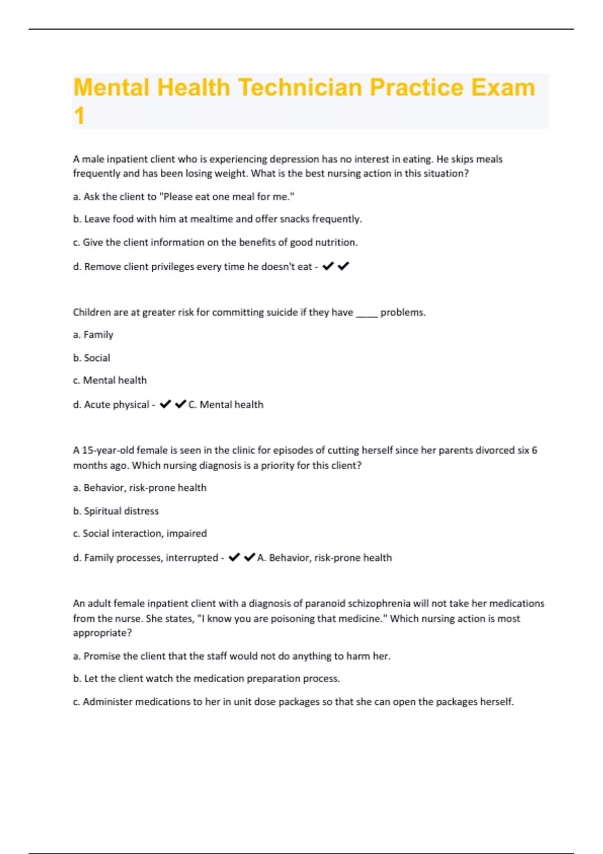 Mental Health Technician Practice Exam 1 Actual questions and answers ...