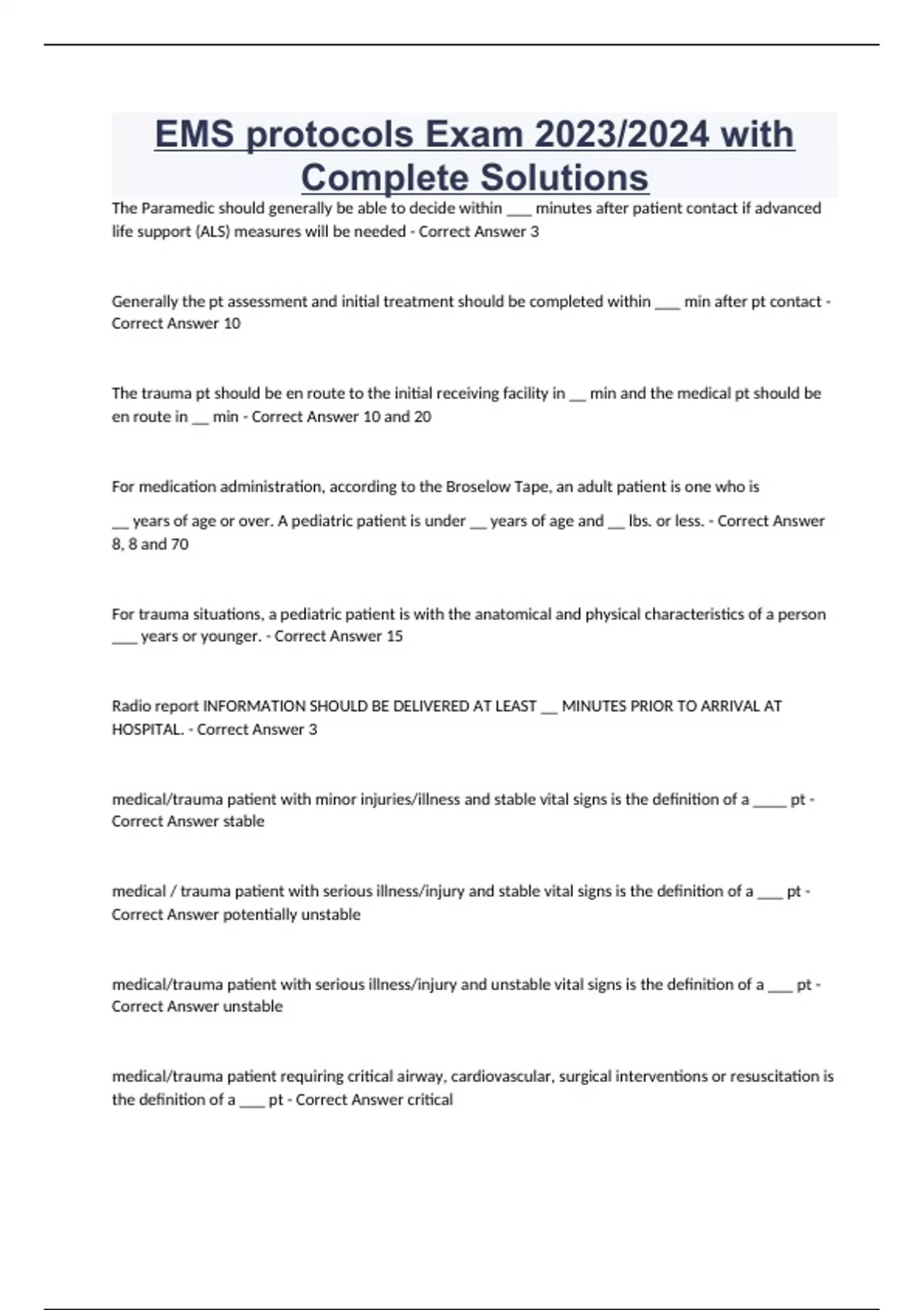 EMS protocols Exam 2023/2024 with Complete Solutions - EMS protocols ...