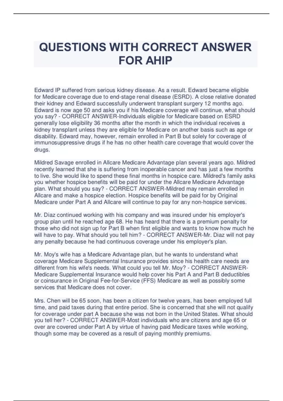 QUESTIONS WITH CORRECT ANSWER FOR AHIP - Ahip - Stuvia US