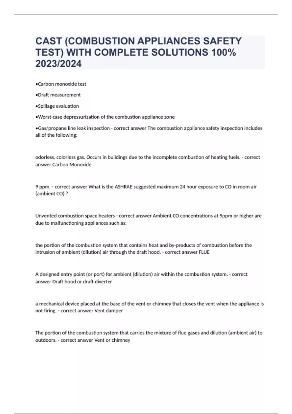 CAST (COMBUSTION APPLIANCES SAFETY TEST) WITH COMPLETE SOLUTIONS 100% ...