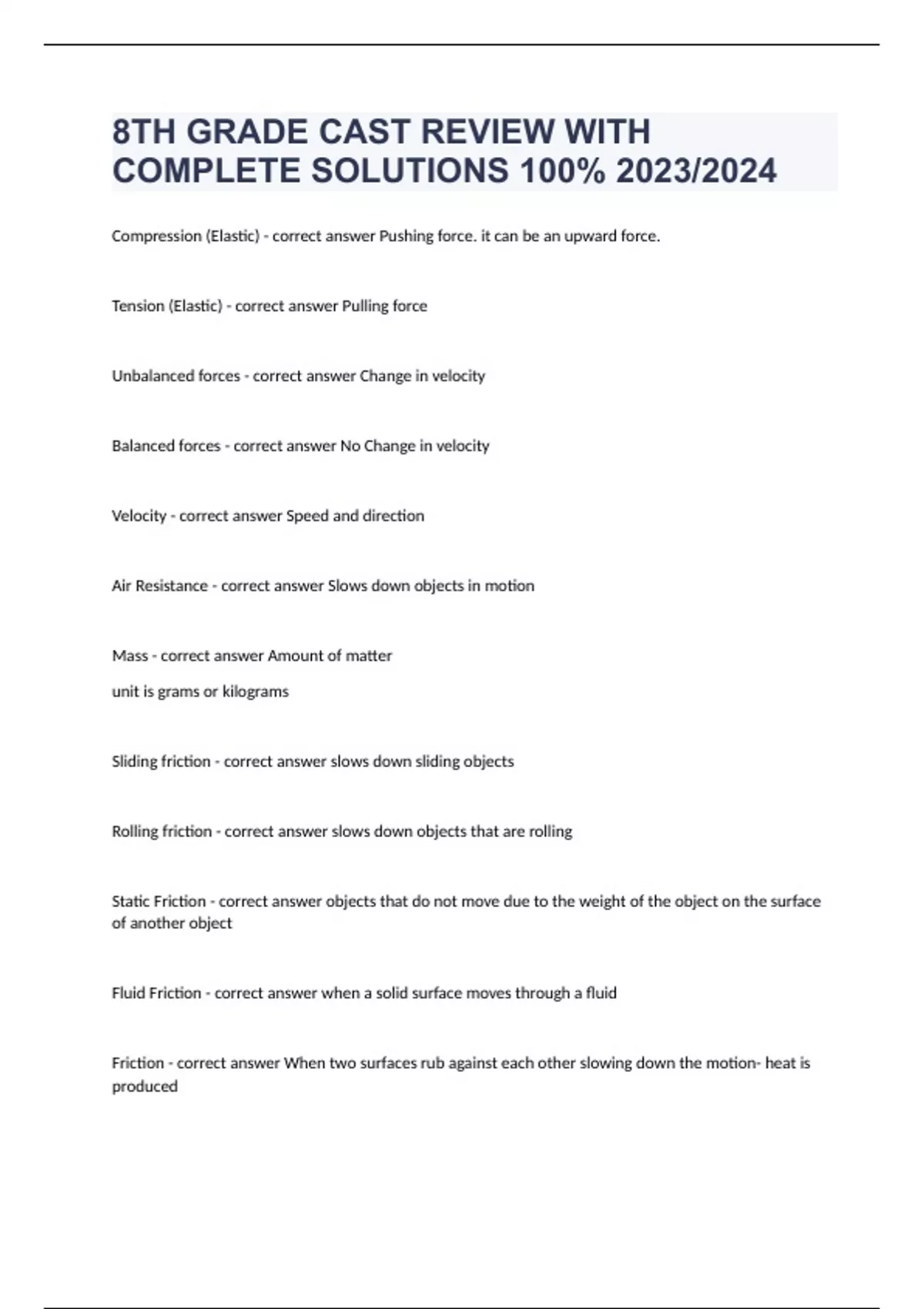 8TH GRADE CAST REVIEW WITH COMPLETE SOLUTIONS 100% 2023/2024 - CAST ...