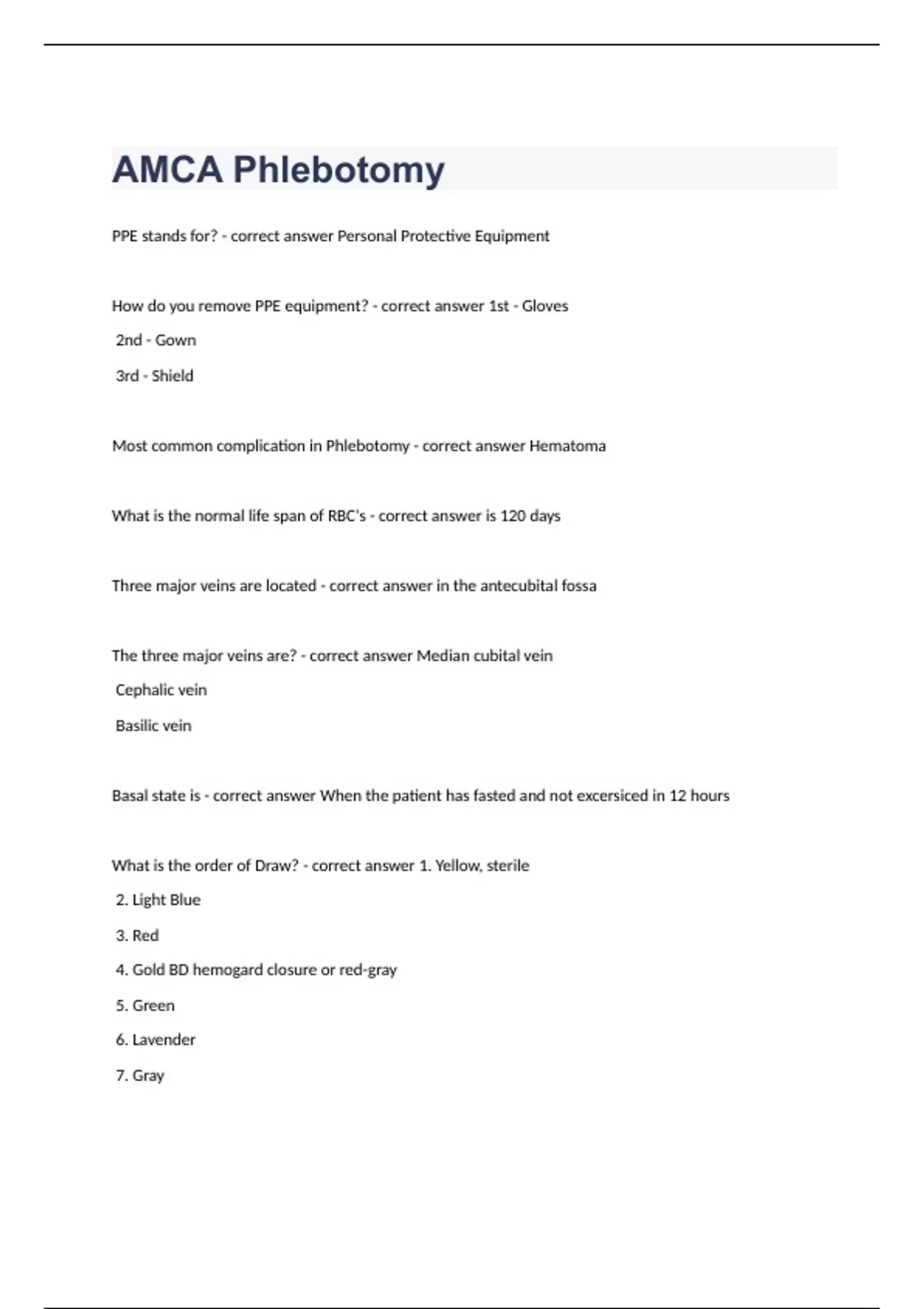 AMCA Phlebotomy questions and answers graded A+ 2023/2024 - AMCA ...