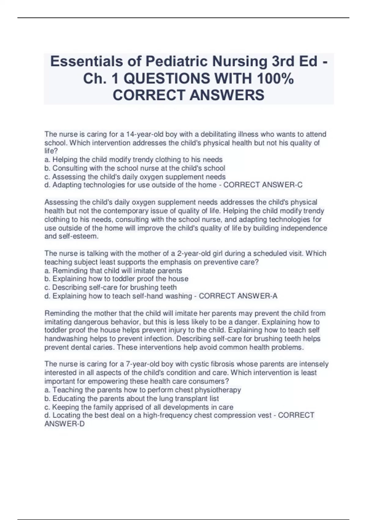 Essentials of Pediatric Nursing 3rd Ed - Ch. 1 QUESTIONS WITH 100% ...