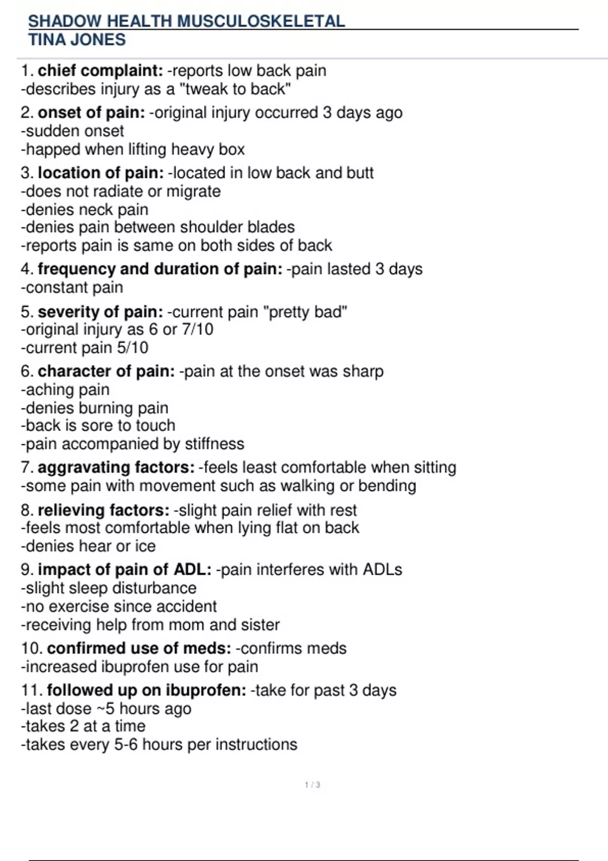 ShadowHealth Musculoskeletal Tina Jones with complete solution ...