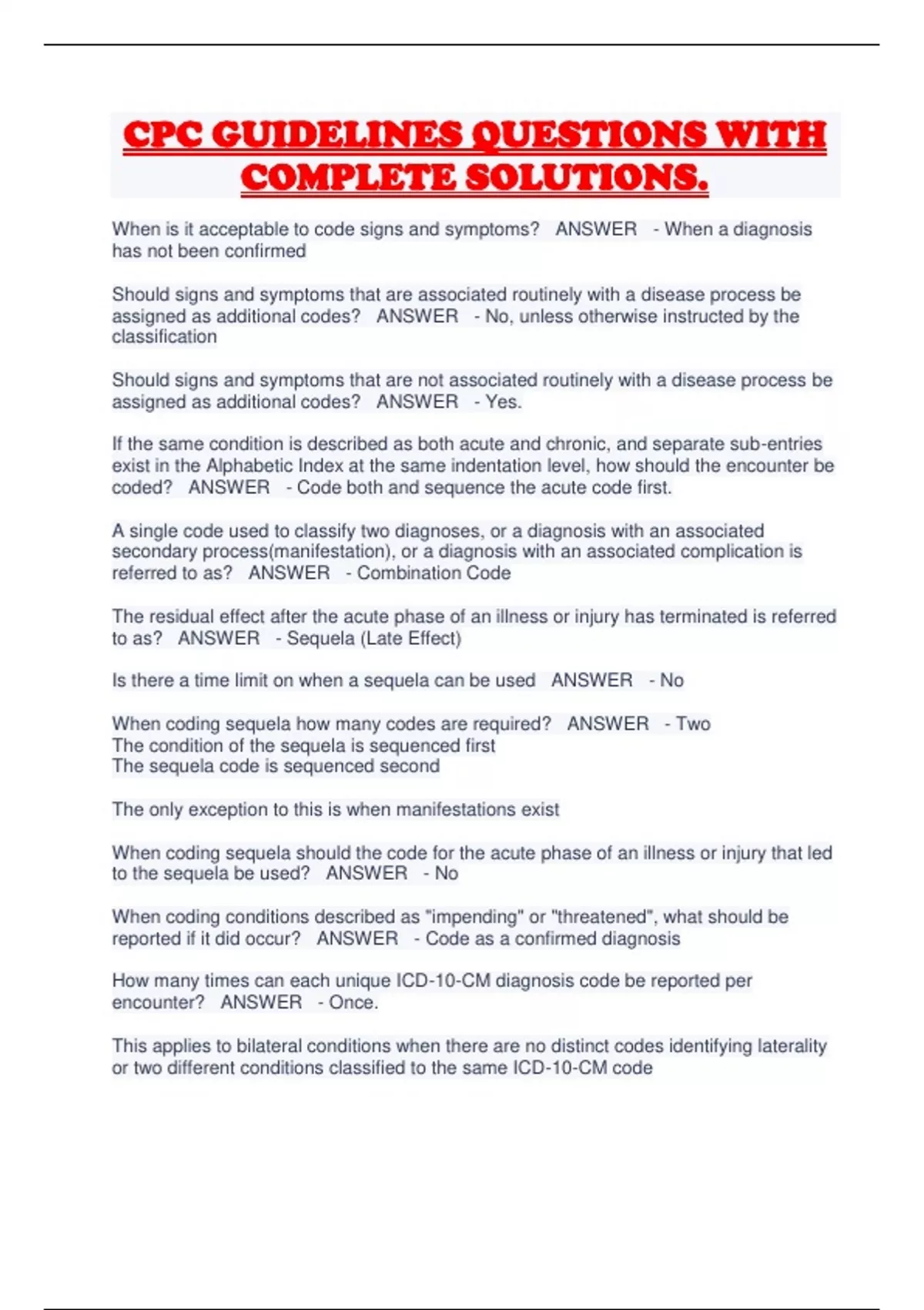 CPC GUIDELINES QUESTIONS WITH COMPLETE SOLUTIONS. - CPC - Stuvia US