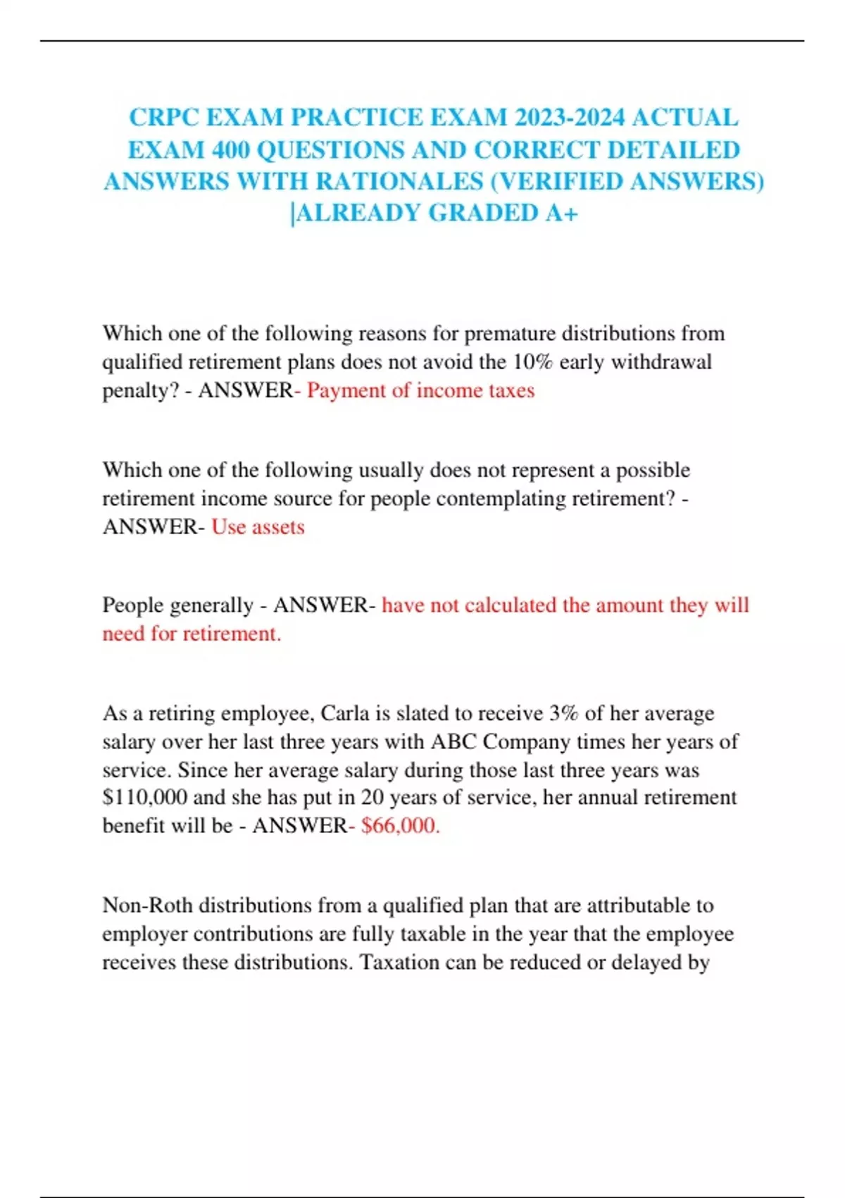 Crpc Exam Practice Exam Actual Exam 400 Questions And Correct Detailed Answers With Rationales