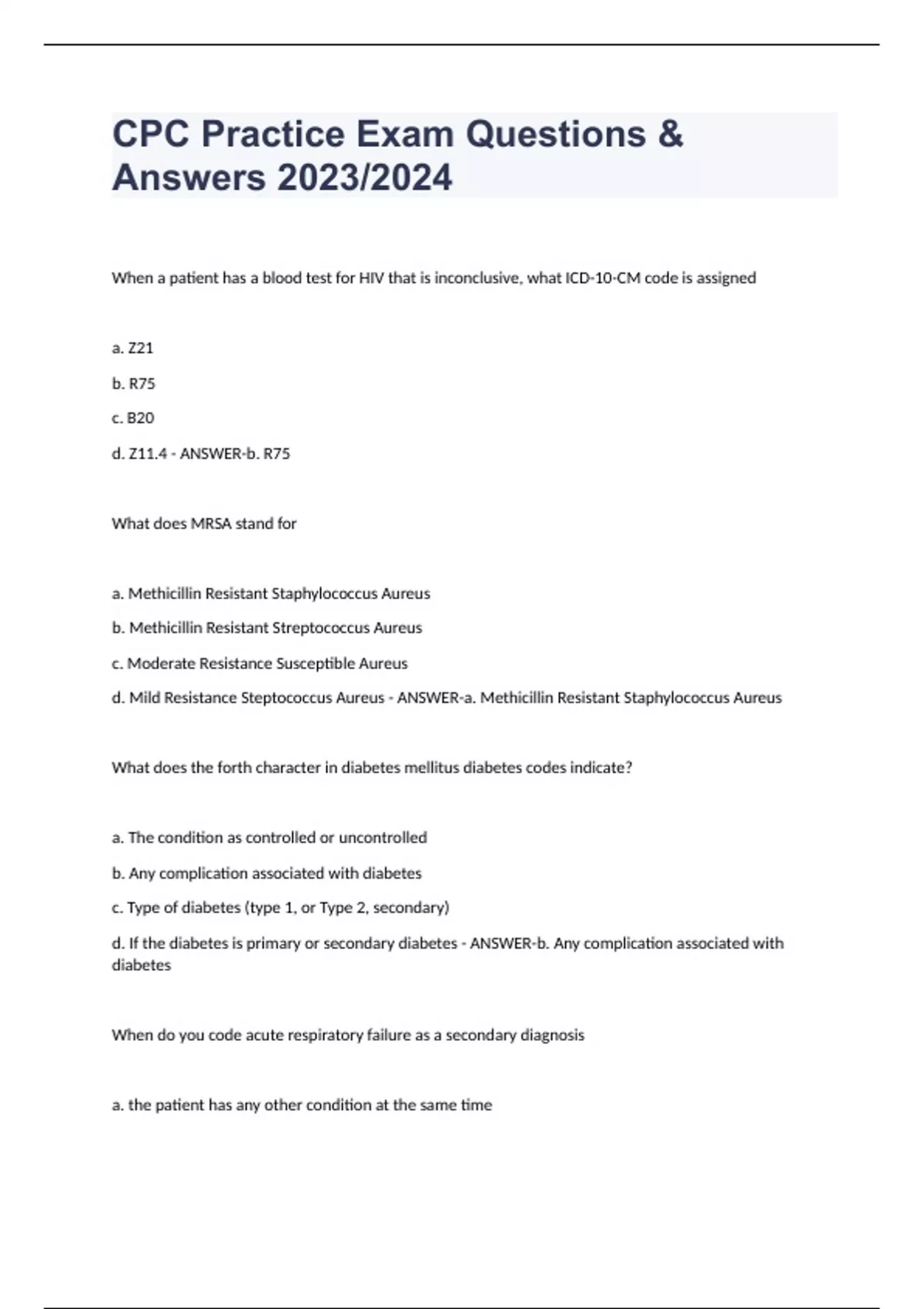 CPC Practice Exam Questions & Answers 2023/2024 - CPC - Stuvia US