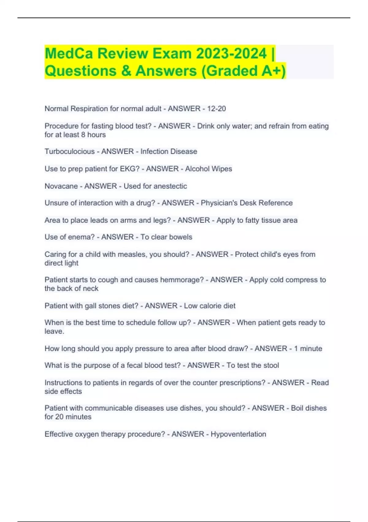 MedCa Review Exam | Questions & Answers (Graded A+) - MedCa - Stuvia US