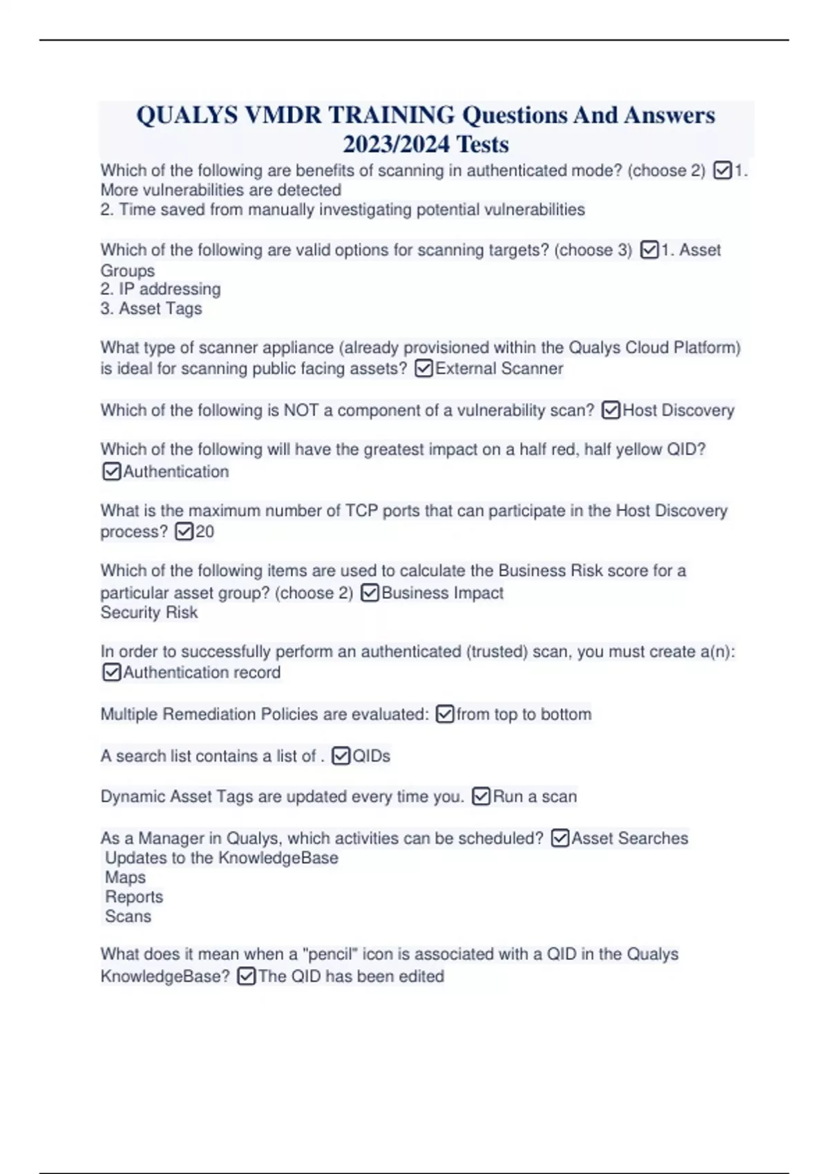 QUALYS VMDR TRAINING Questions And Answers 2023/2024 Tests - QUALYS ...