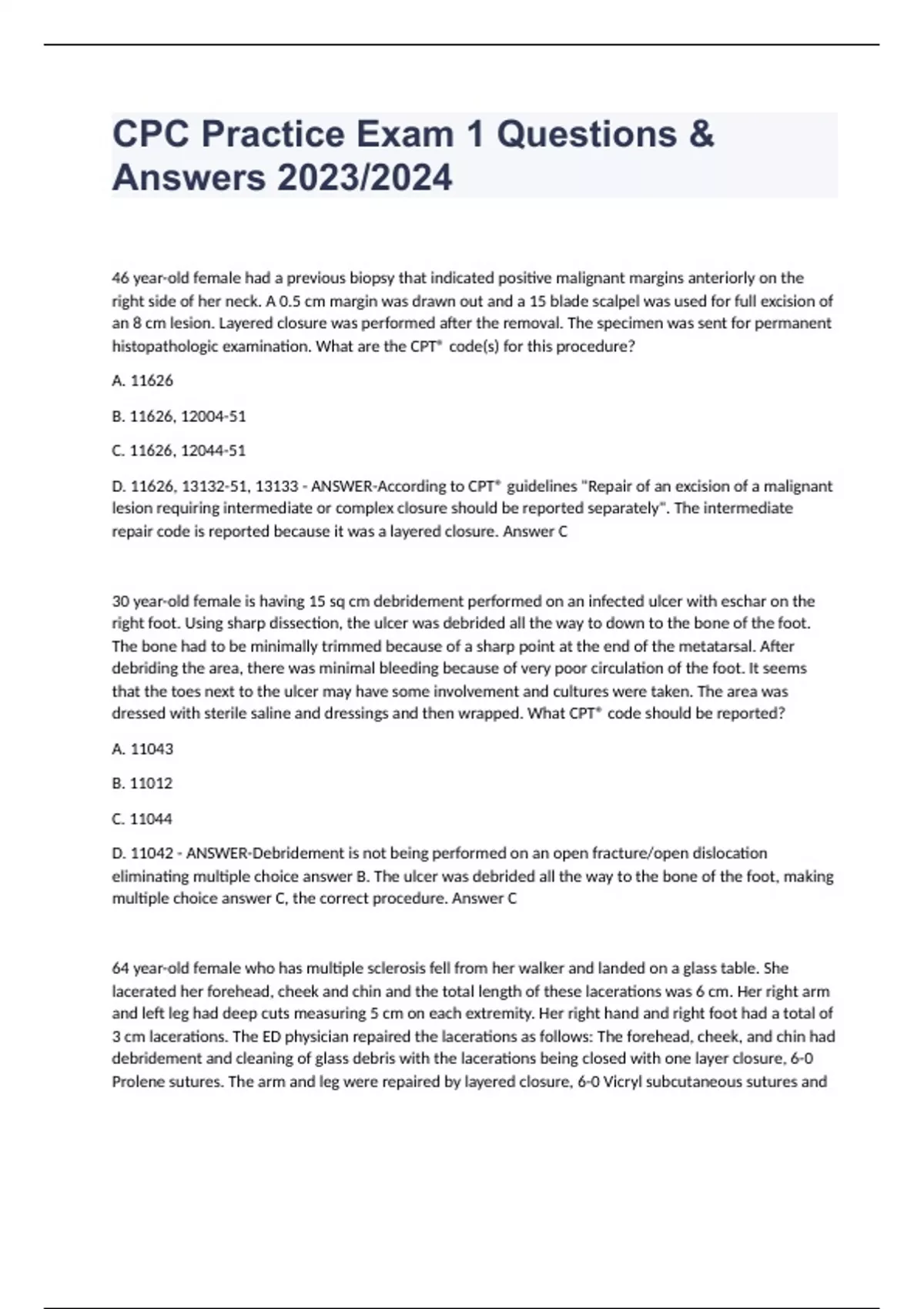 CPC Practice Exam 1 Questions & Answers 2023/2024 - CPC - Stuvia US